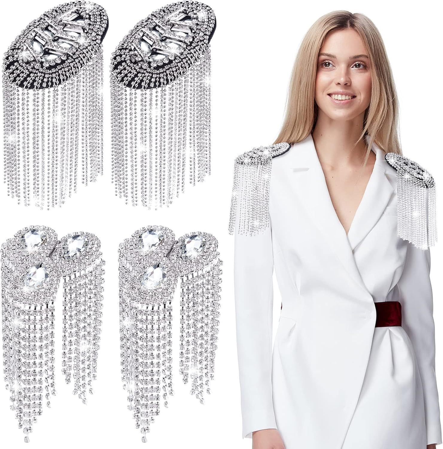 Amazon.com: 4 Pieces Rhinestone Tassel Shoulder Applique Crystal Fringe ...