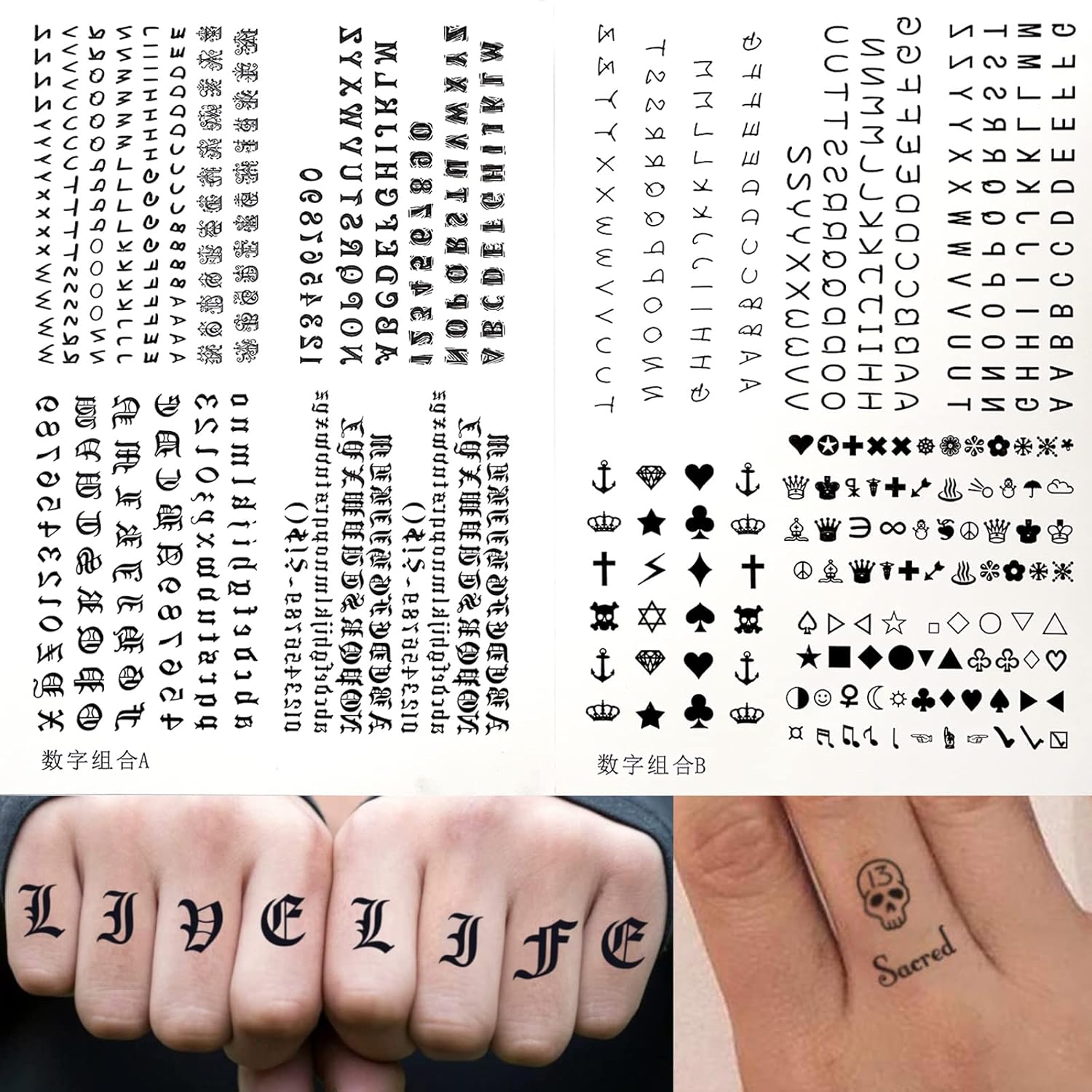 30 Sheet Alphabet Temporary Tattoo Stickers Finger Tattoos Black ...