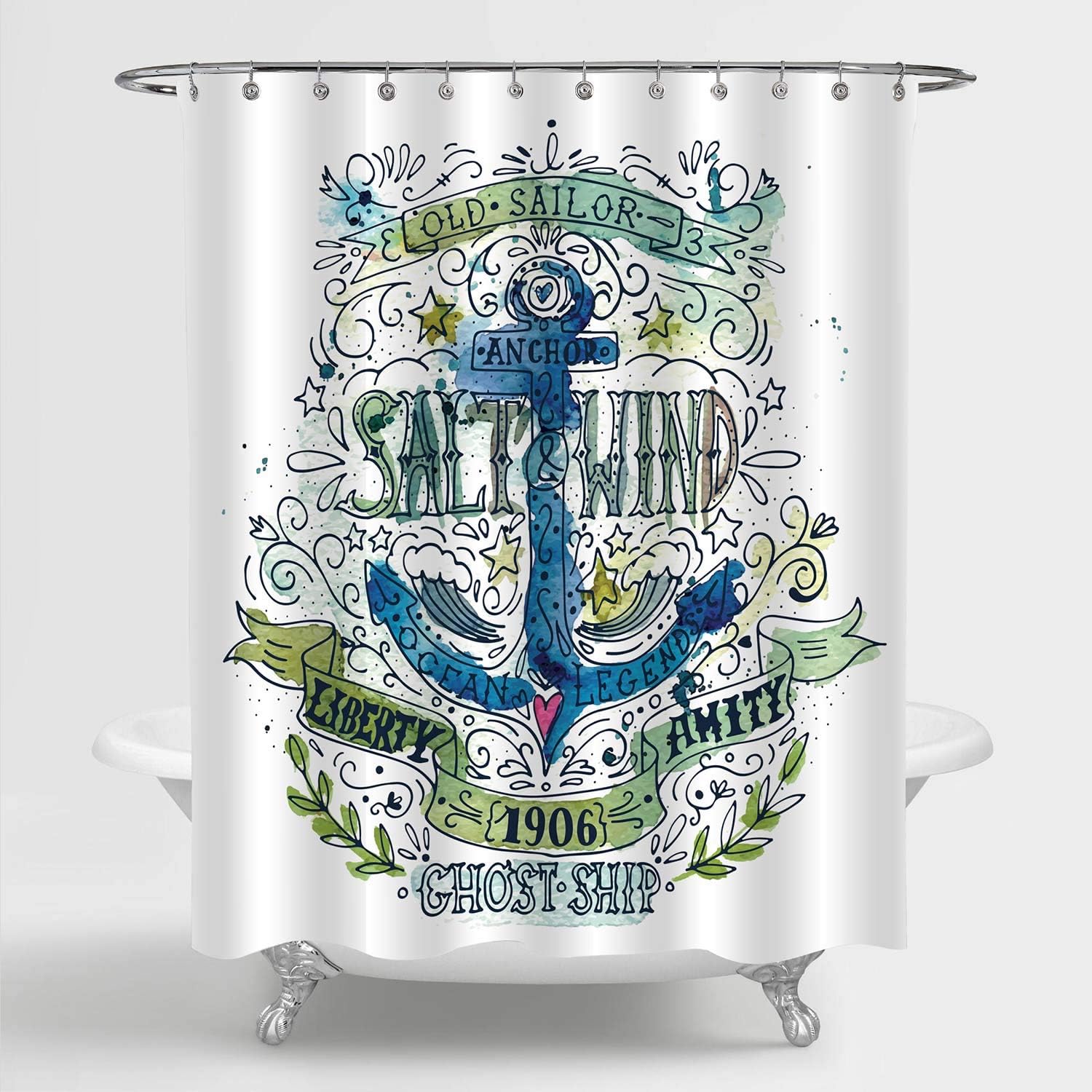 MitoVilla Nautical Anchor Shower Curtain, Vintage Watercolor Grunge ...