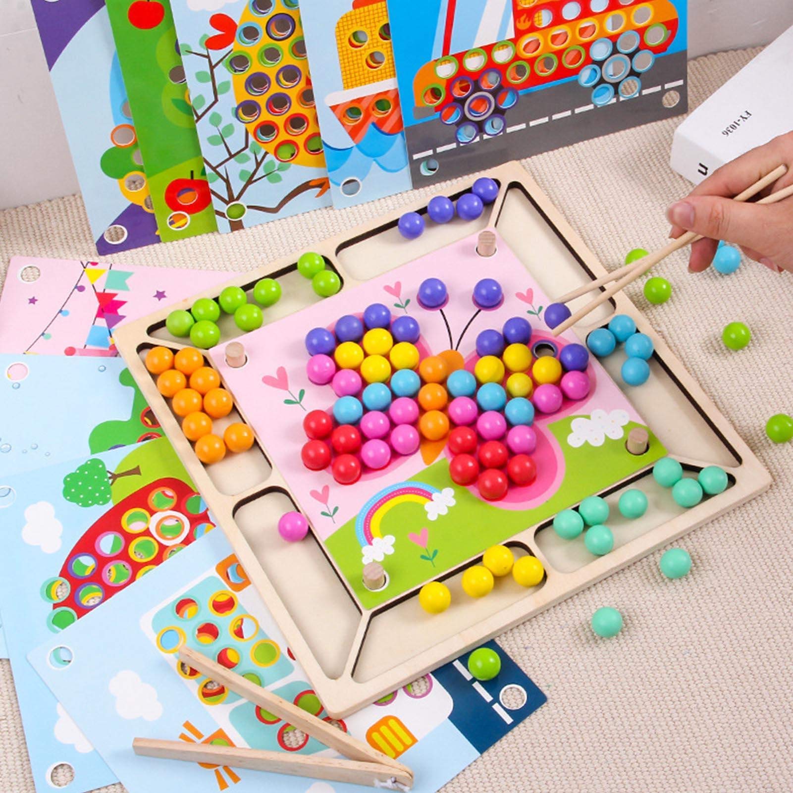 Thrivinger Wooden Peg Board Beads Game Puzzle Color Sorting Stacking ...