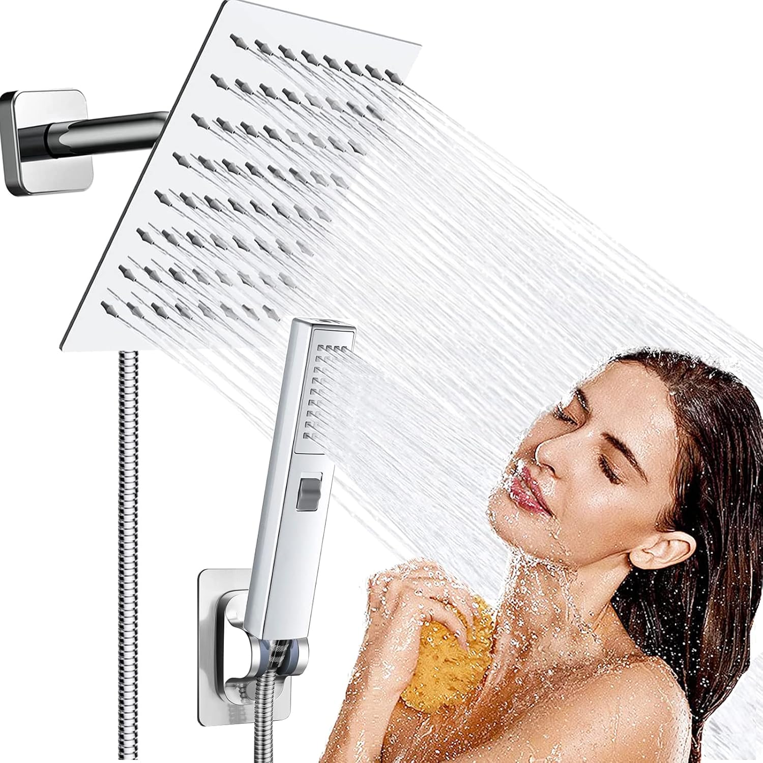 Rain Shower Head with Handheld Spray, 6'' High Pressure Square Shower ...
