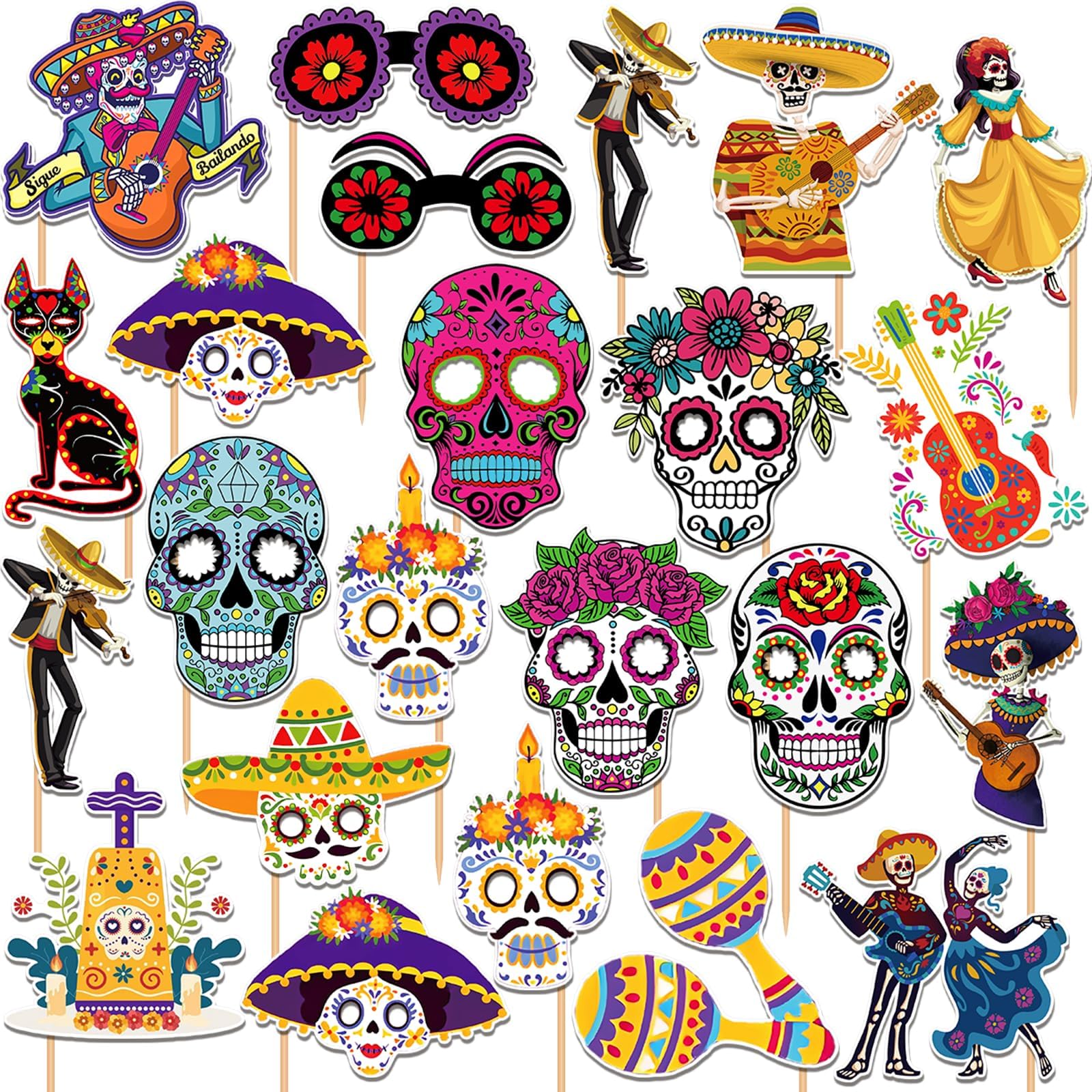 Amazon.com: 20Pcs Halloween Photo Booth Props Day of The Dead ...