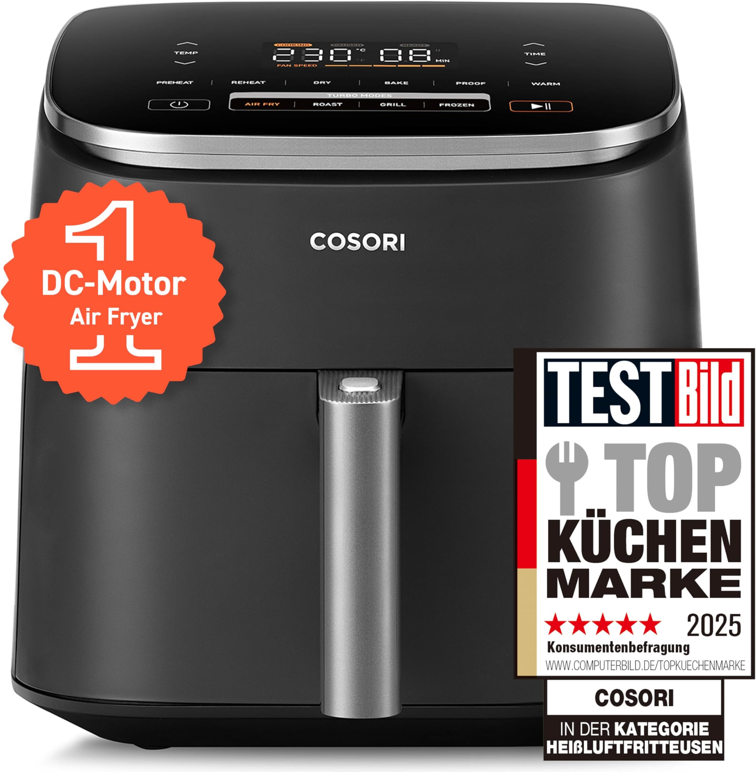 Cosori Turboblaze Heißluftfritteuse Airfryer, 9-in-1 Air Fryer XXL 6L, leiser DC Motor mit 5 ...