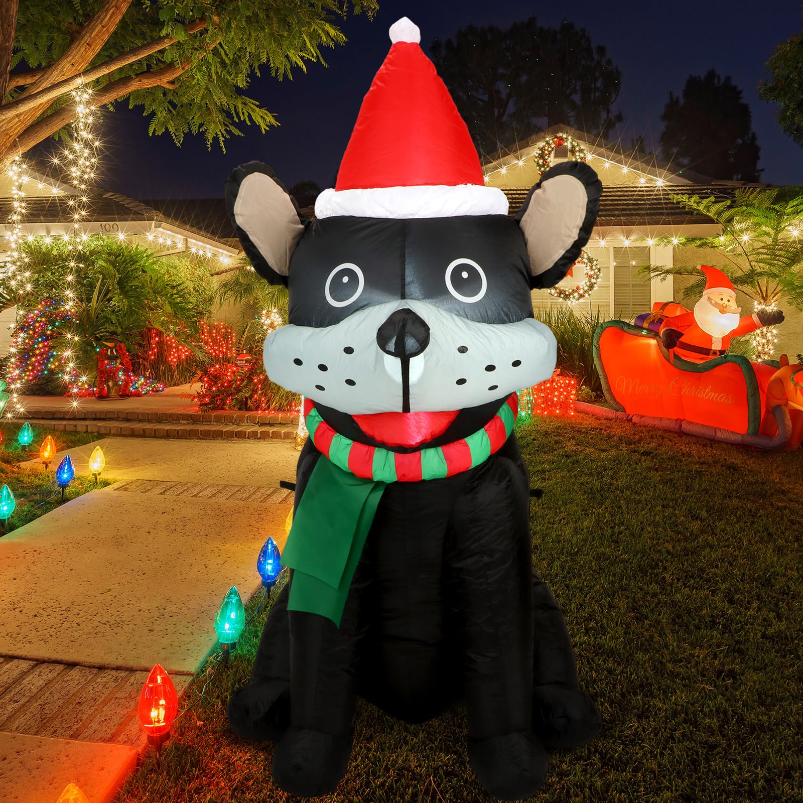 Snapklik.com : 5ft Christmas Inflatables LED Lighted French Dog Wearing ...