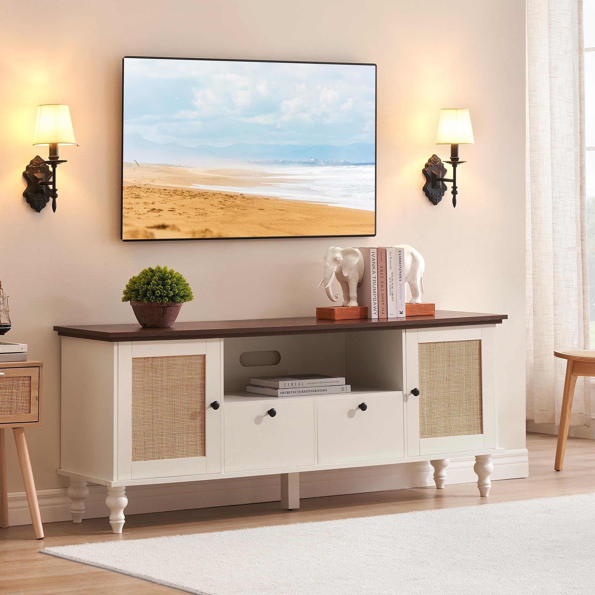 Amazon.com: IDEALHOUSE Rattan TV Stand, Entertainment Center for 65 ...