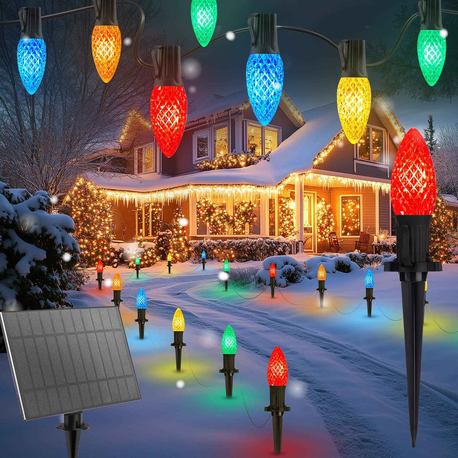 Brightown Solar C9 LED Christmas Lights Outdoor House, 50Ft 40 Faceted ...