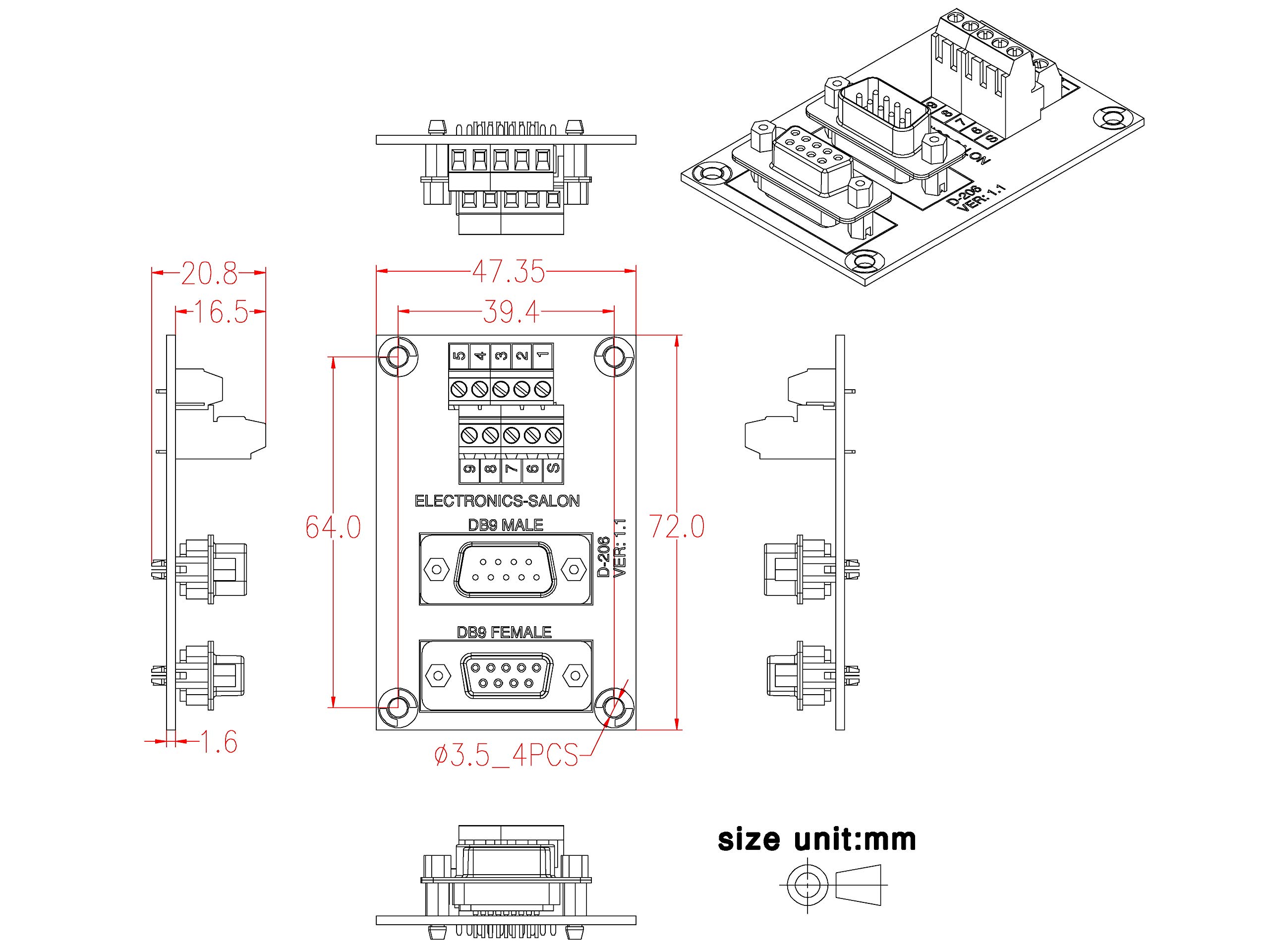 Electronics-Salon D-SUB DB9 Male/Female Header Breakout Board, DSUB ...