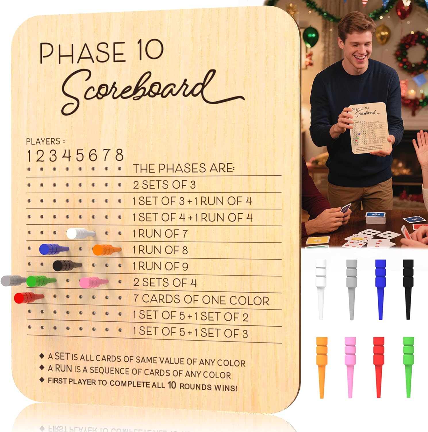 Phase 10 Score Board, Wooden Scoreboard for Phase 10 Card Game with 8 ...