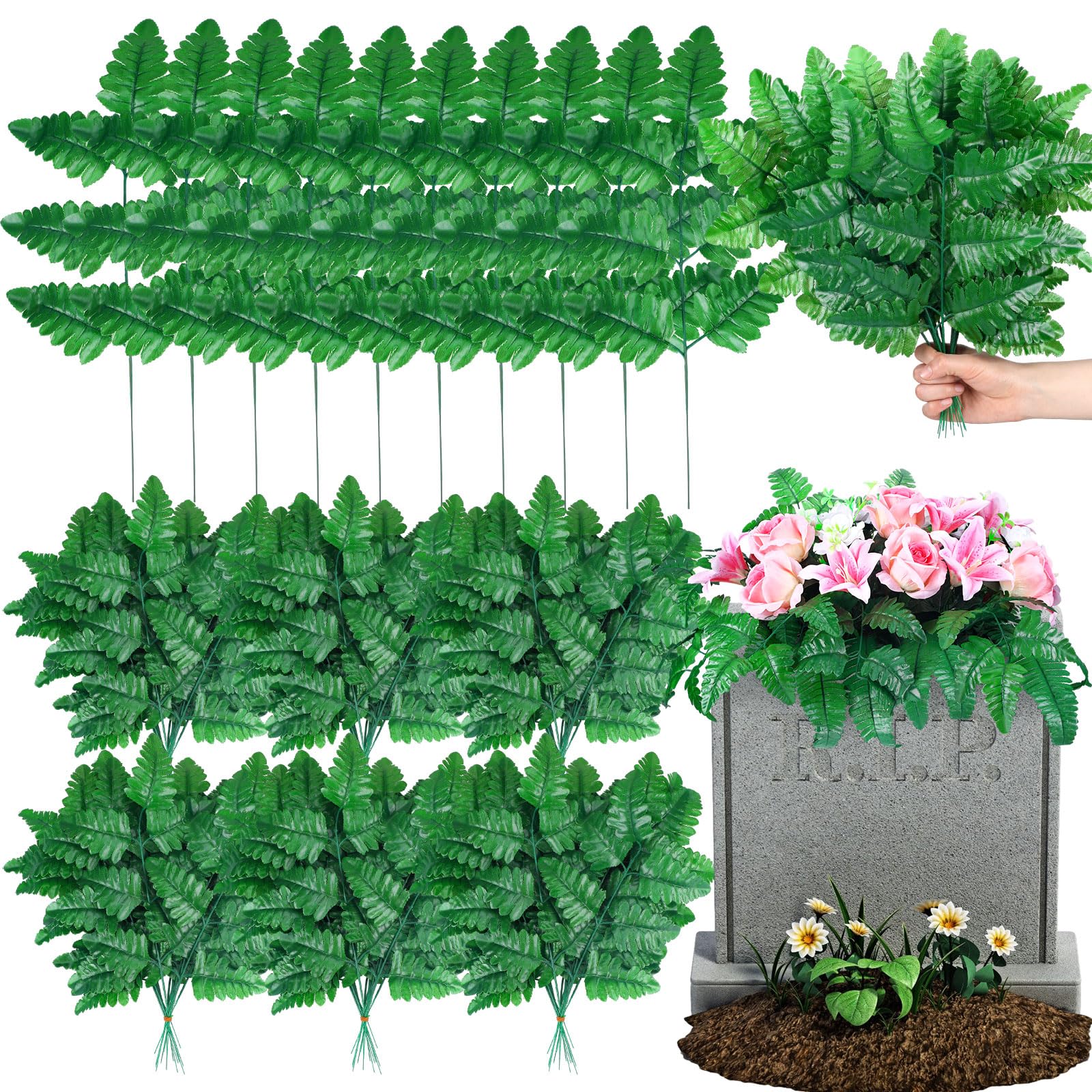 Amazon.com: Yunlly 250 Pack Artificial Silk Green Fern Cemetery Flowers ...