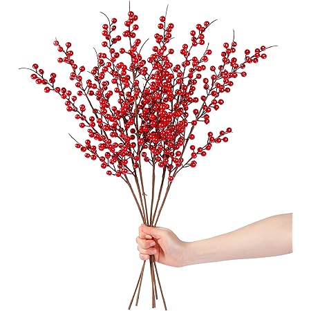 Amazon.com: Sggvecsy 6 Pack Artificial Red Berry Stems Christmas Red ...
