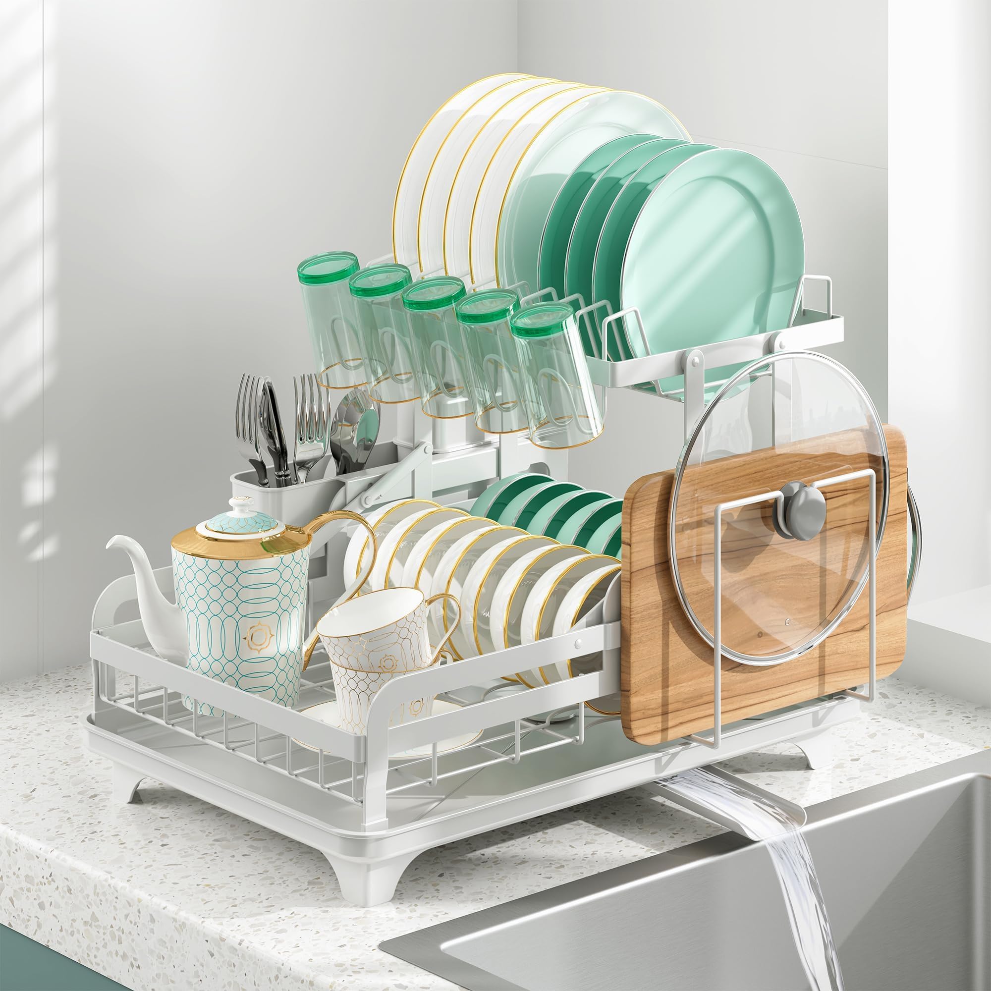 KZOBYD Dish Drying Rack with Drip Tray, 2 Tier Compact Dish Drainer ...