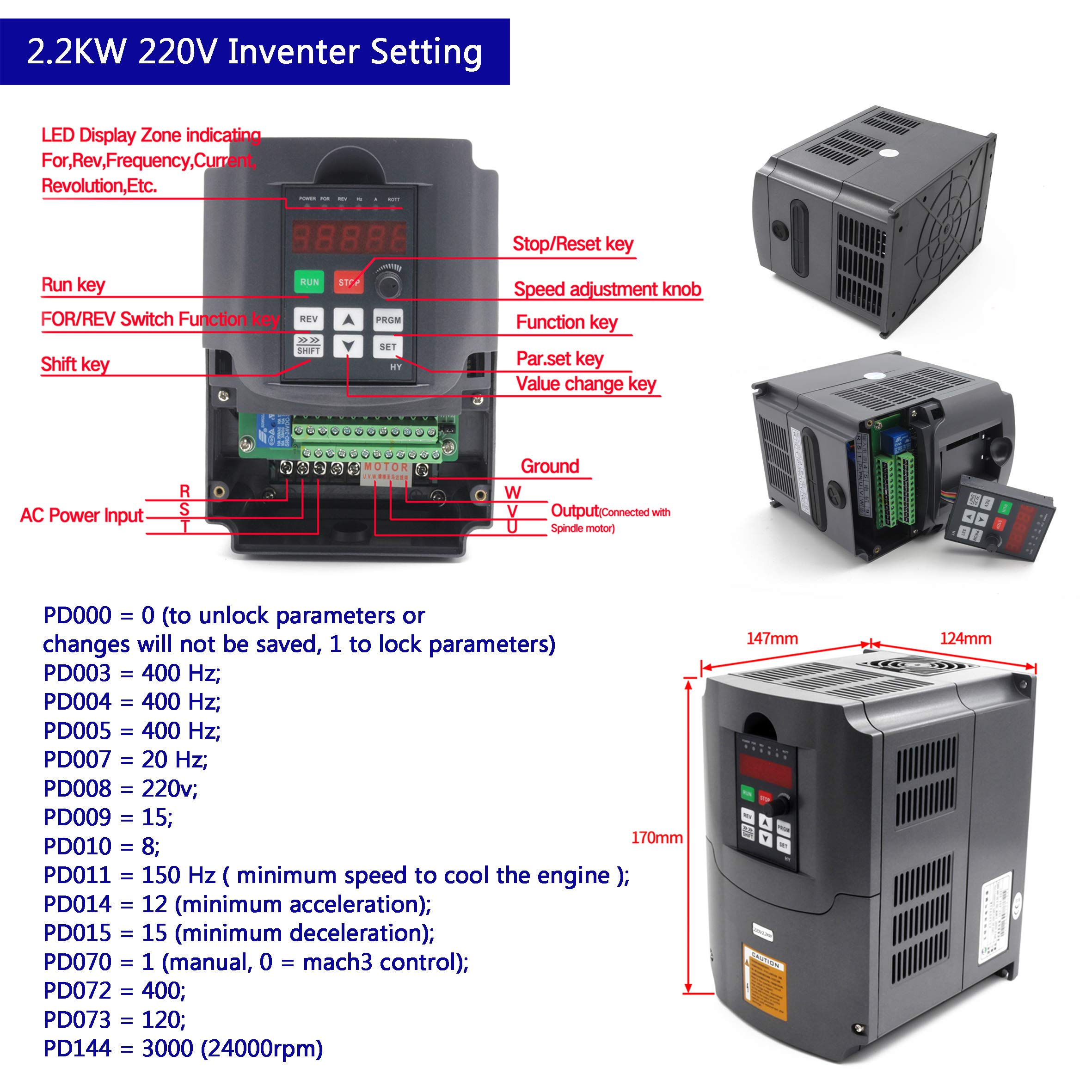 CNC Spindle Motor Kit, RATTMMOTOR Square 2.2KW 220V Air Cooled Spindle Motor ER20 + 2.2KW ...