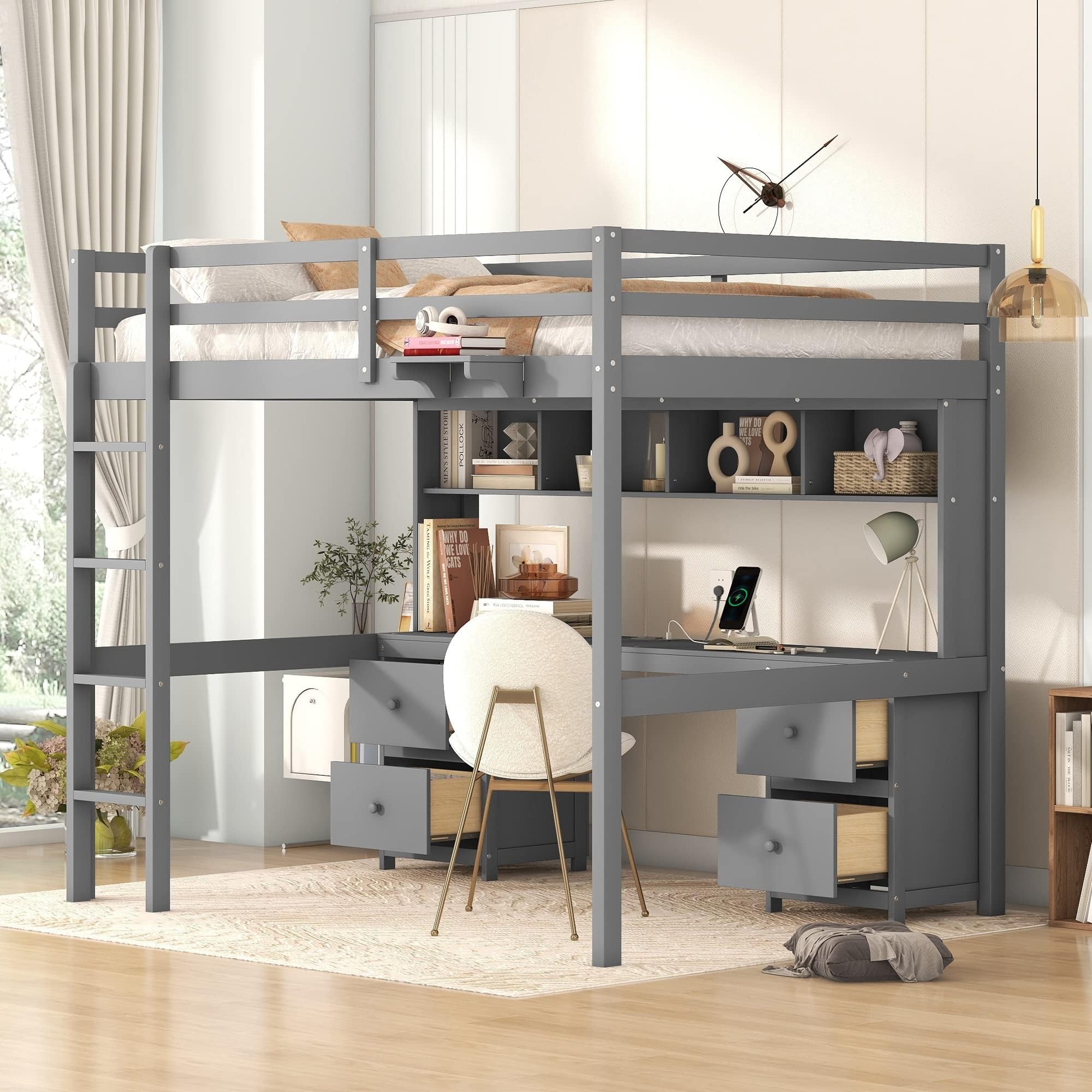 Amazon.com: Merax Twin Size Loft Bed with Rolling Cabinet, Desk and ...