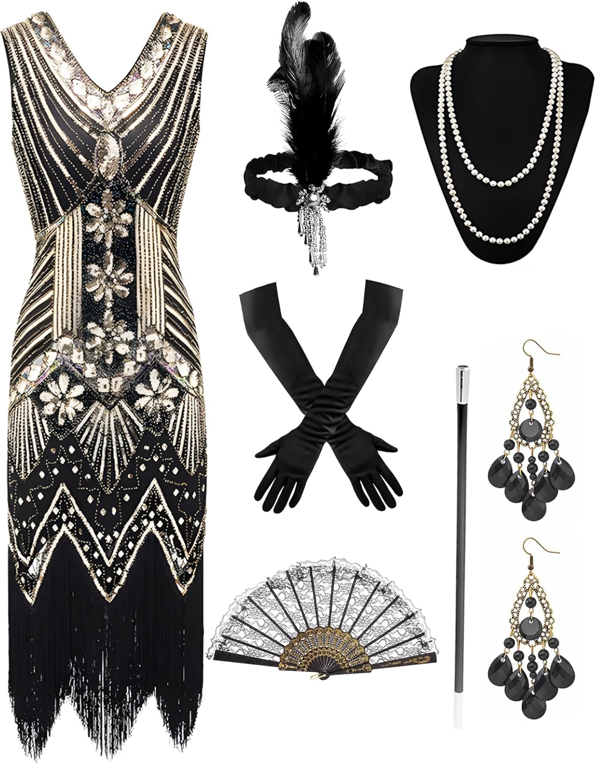 BIQIQI Abito Anni 20 Charleston con Set di Accessori, Costume Flapper ...