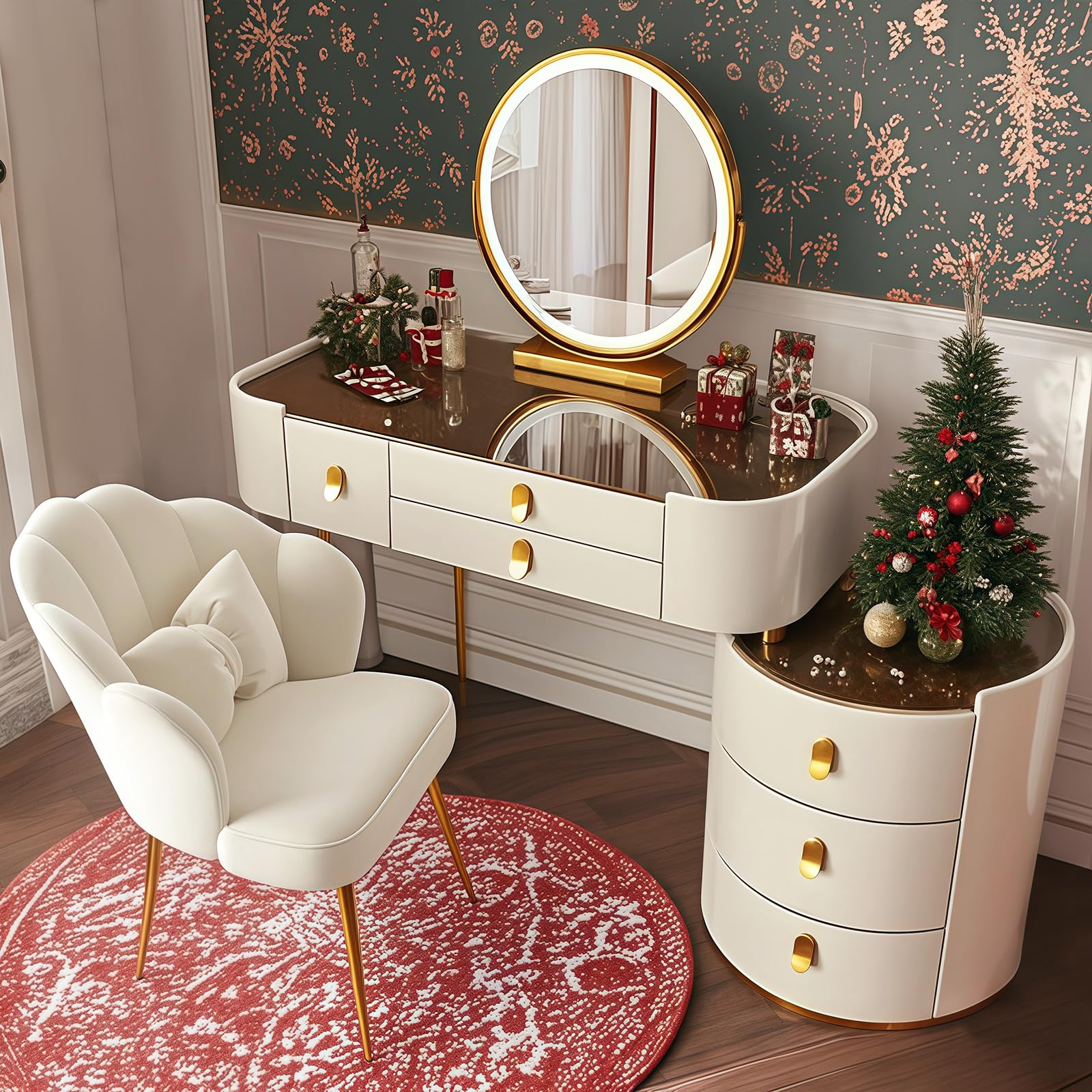MJKCBD Dressing Table Set with LED Lights Mirror, Modern Tempered Glass ...