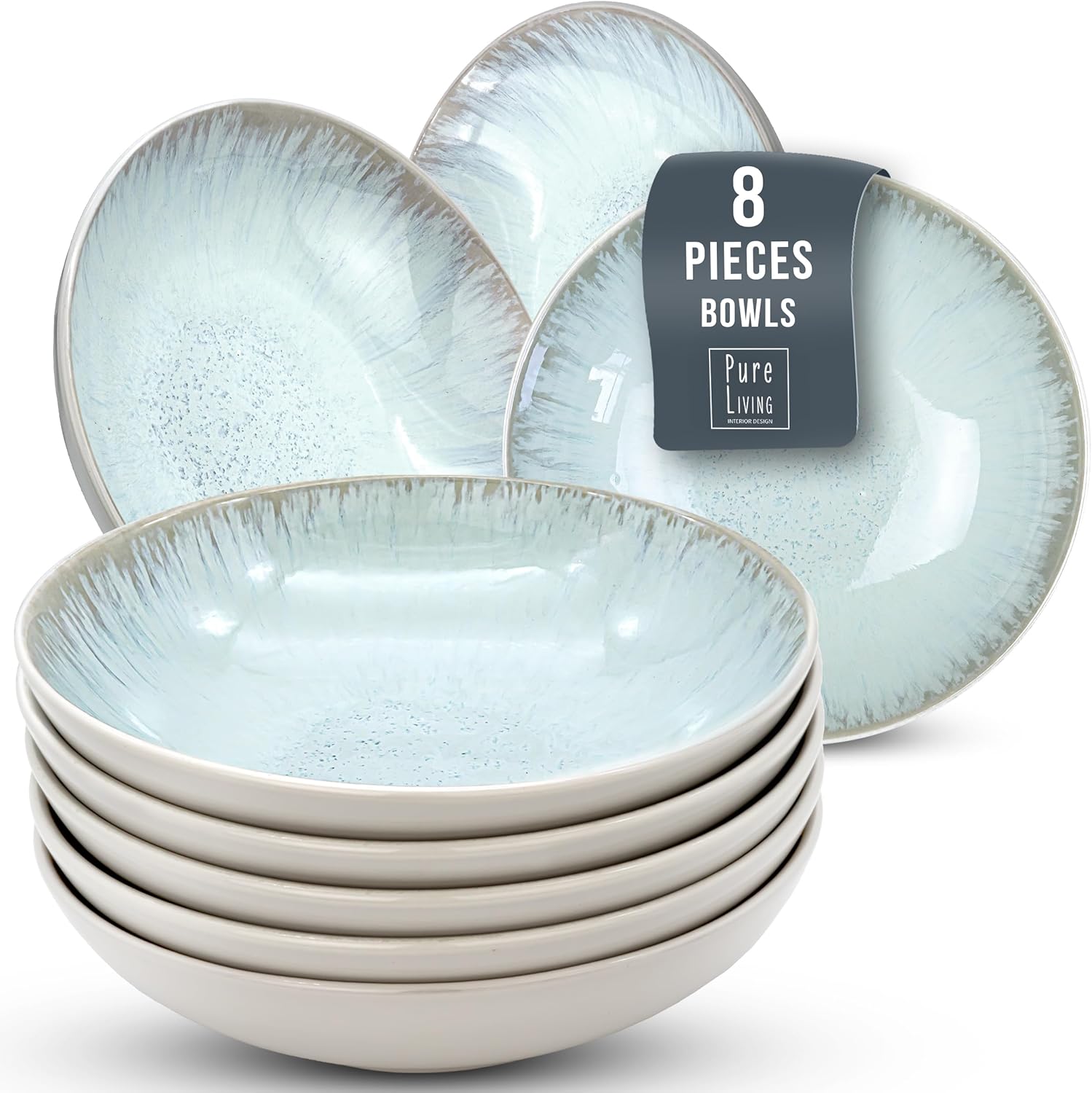 Amazon.com | Stoneware Pasta Bowls Set of 8, Stylish Light Beige Blue ...