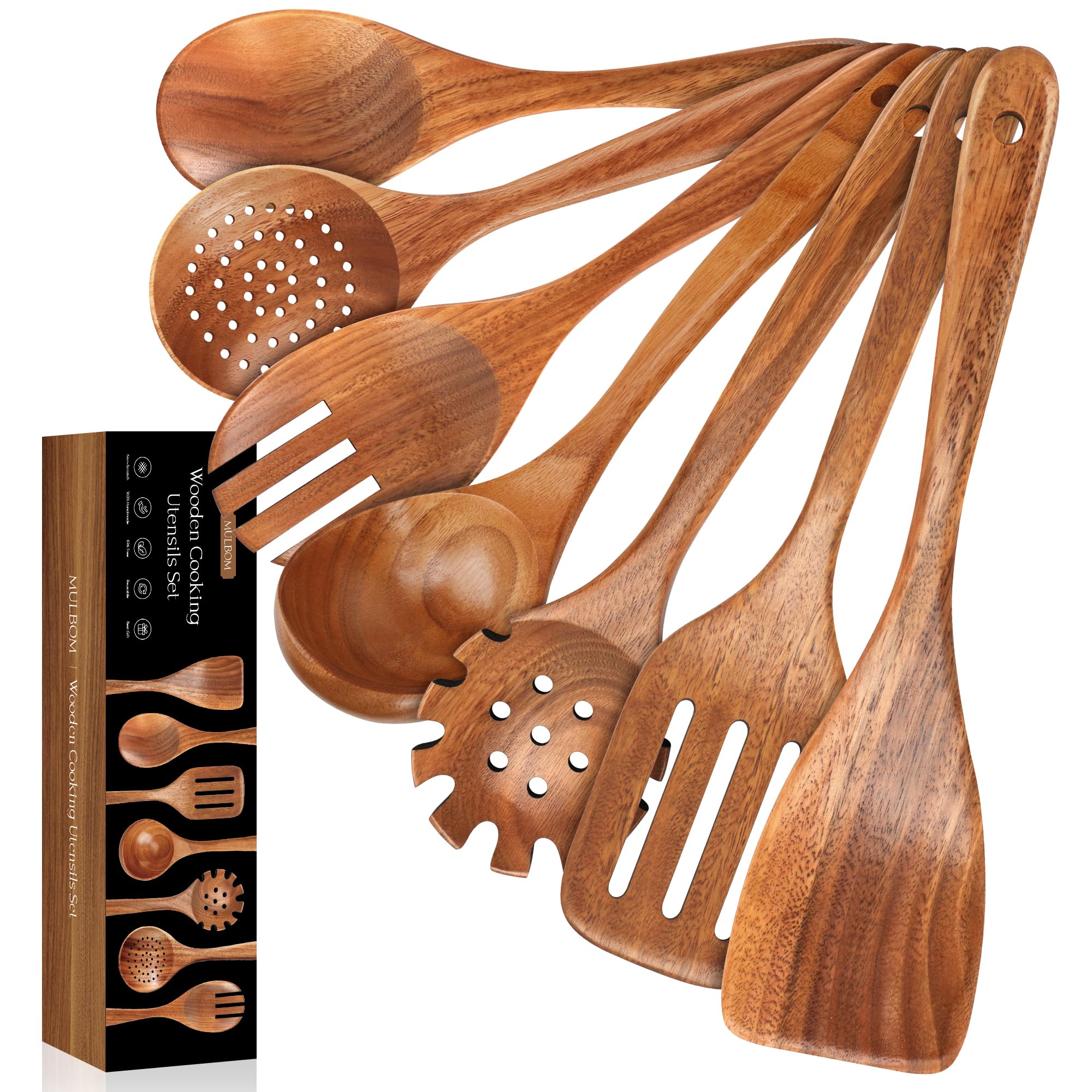 Amazon.com: MULBOM 7 PCS Wooden Spoons for Cooking Natural Teak Kitchen ...