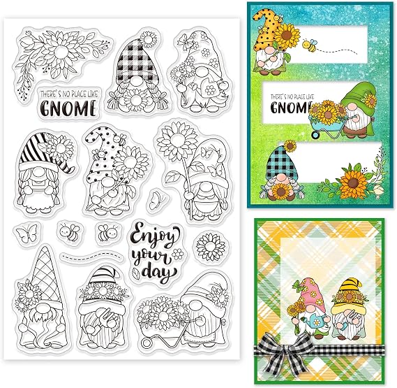 Amazon.com: INFUNLY Sunflower Gnome Clear Stamps Gnomes Rubber Stamps ...