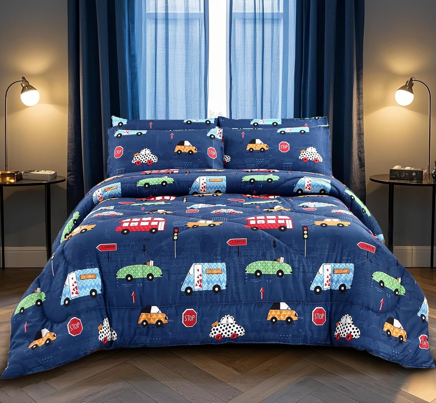 Amazon.com: MAG 3Pcs Cartoon Car Comforter Set,Blue Cute Queen ...