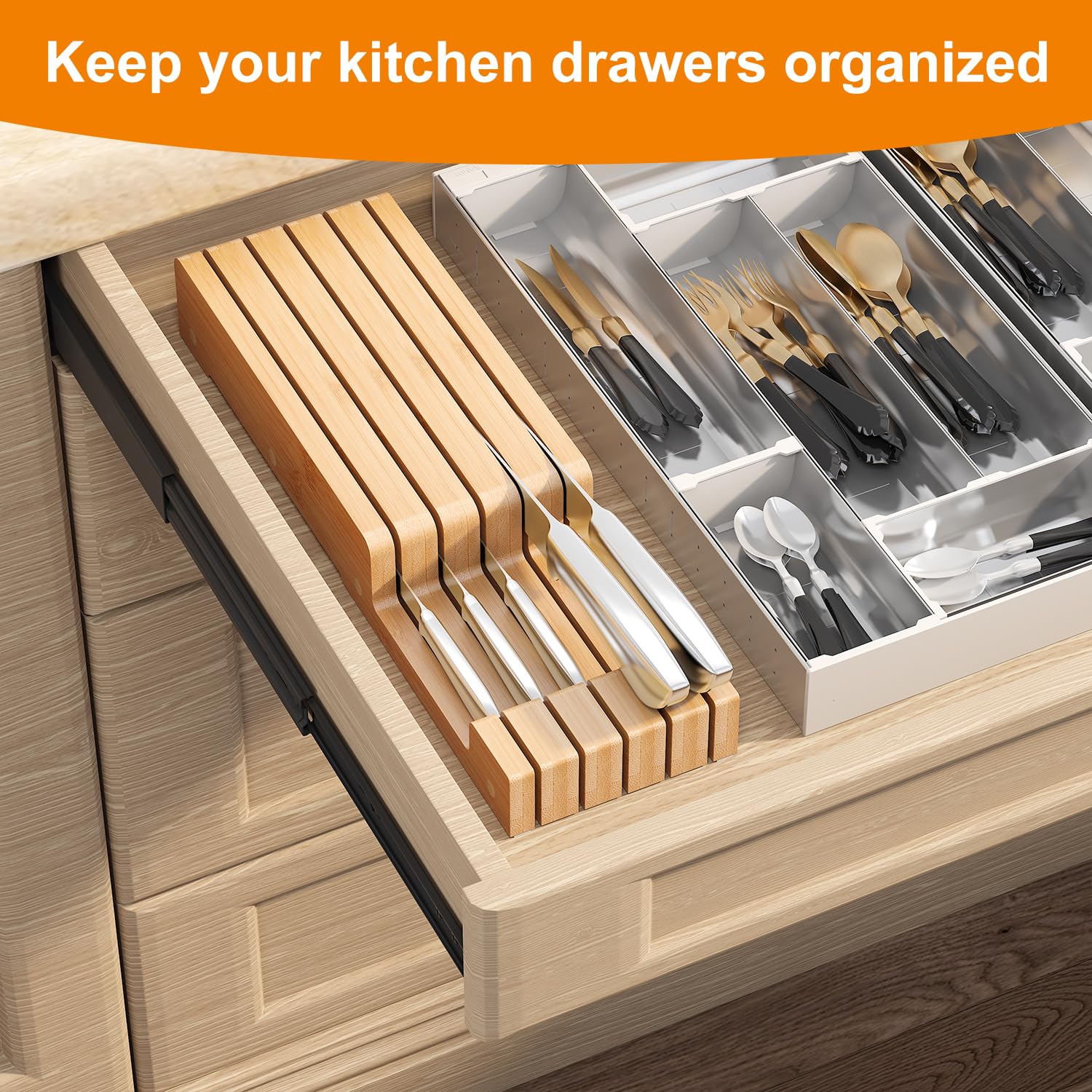 Snapklik.com : In-Drawer Knife Organizer Bamboo Knife Block, Drawer ...