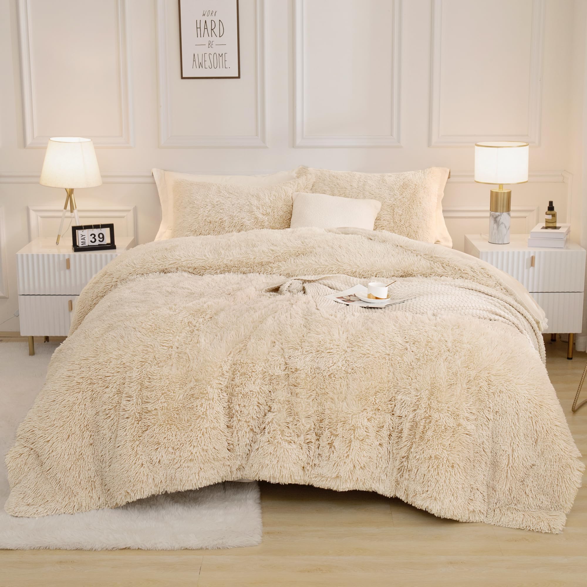 Andency Faux Fur Beige Comforter Set Full Size, 3 Pieces Fluffy Fuzzy ...