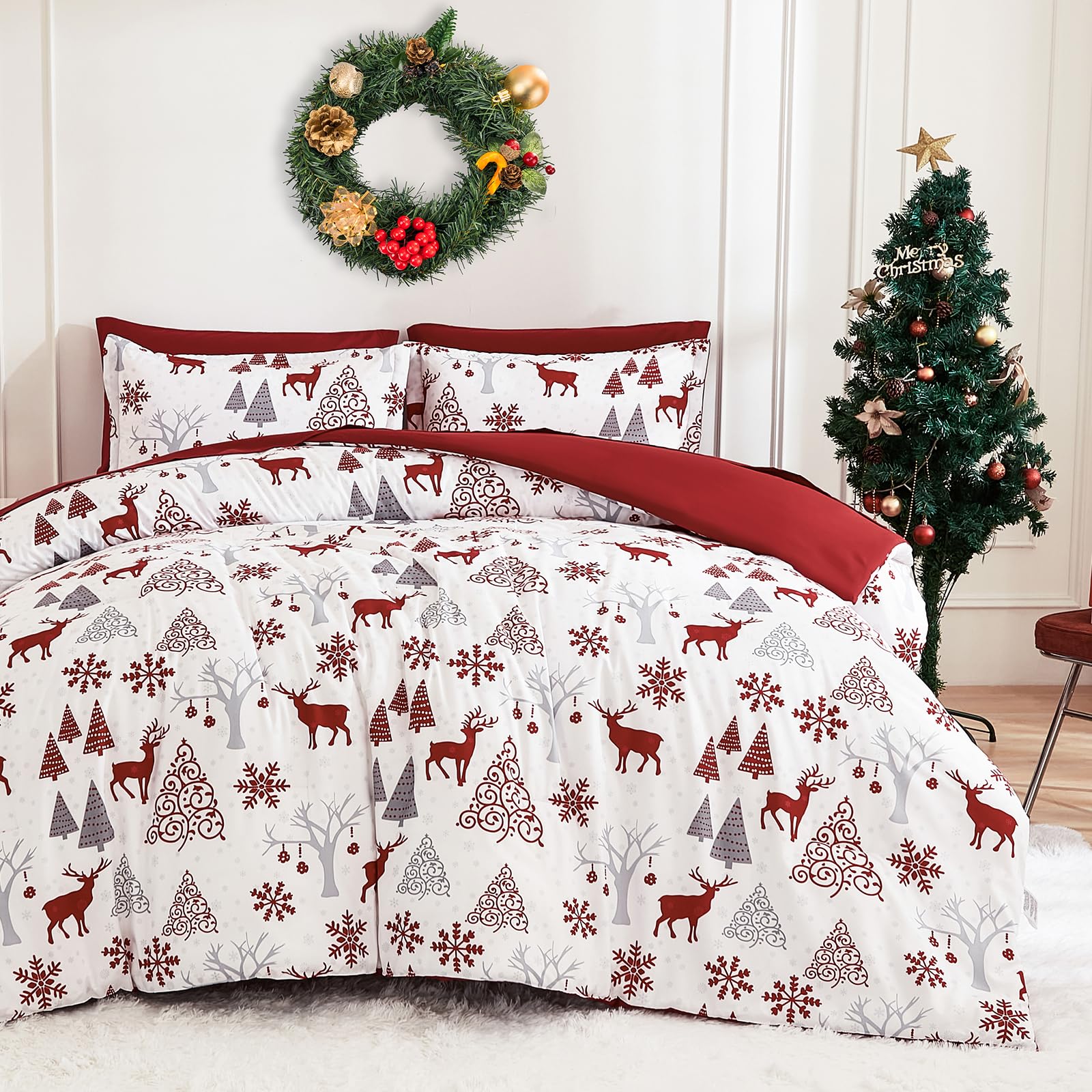 Amazon.com: Luxudecor Christmas King Comforter Set 7 Pieces, Red ...