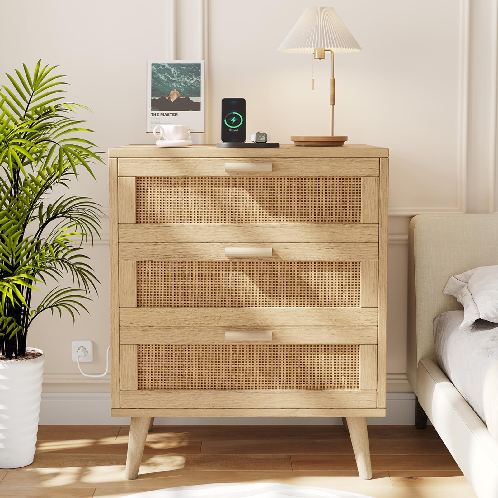 Amazon.com: VINGLI Rattan Nightstand with Charging Station, 19" W ...