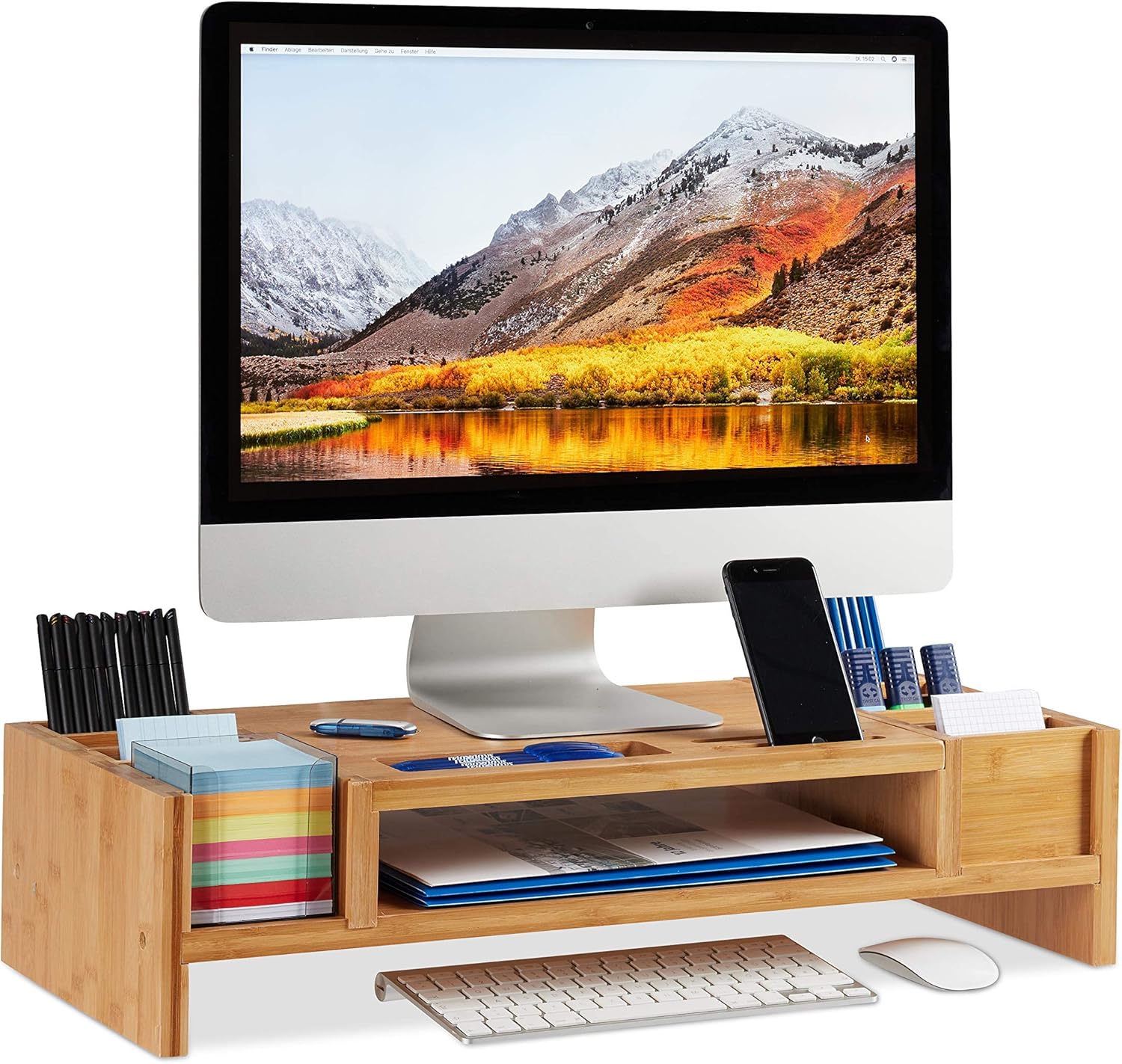 Relaxdays Display Stand, Bamboo Monitor Pedestal, 14 Compartments ...
