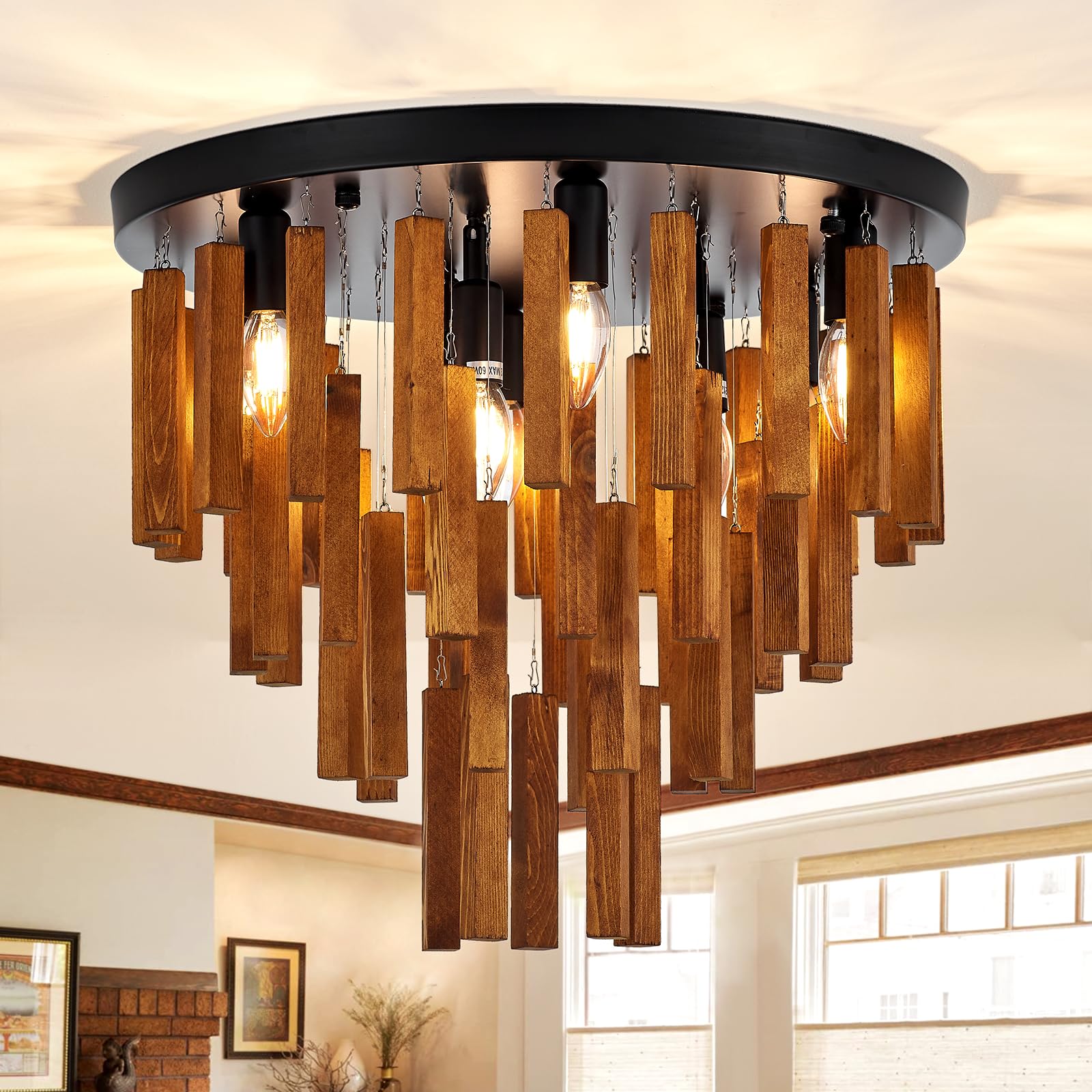 brfaixla Farmhouse Wooden Ceiling Light Fixture 9-Light 19.7'' Rustic ...