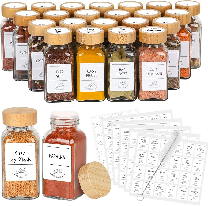 AuroTrends Glass Spice Jars with Bamboo Lids 6oz 24Pack, Spice Jars ...