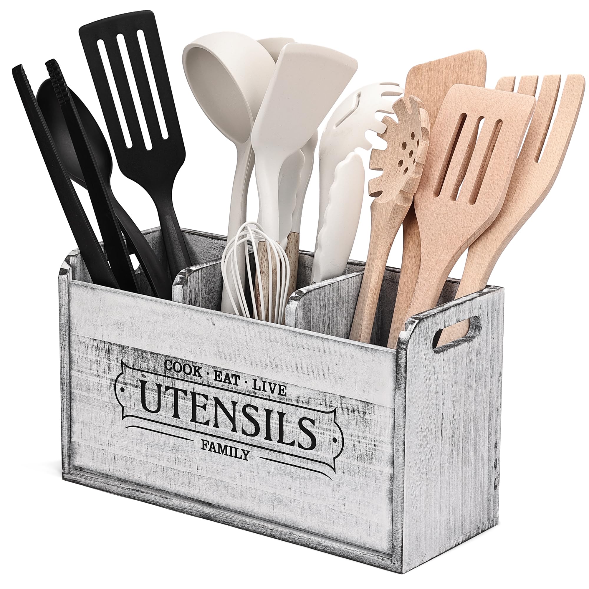 Ella & Emma Kitchen Utensil Holder with 3 Compartments, Rustic Wooden ...
