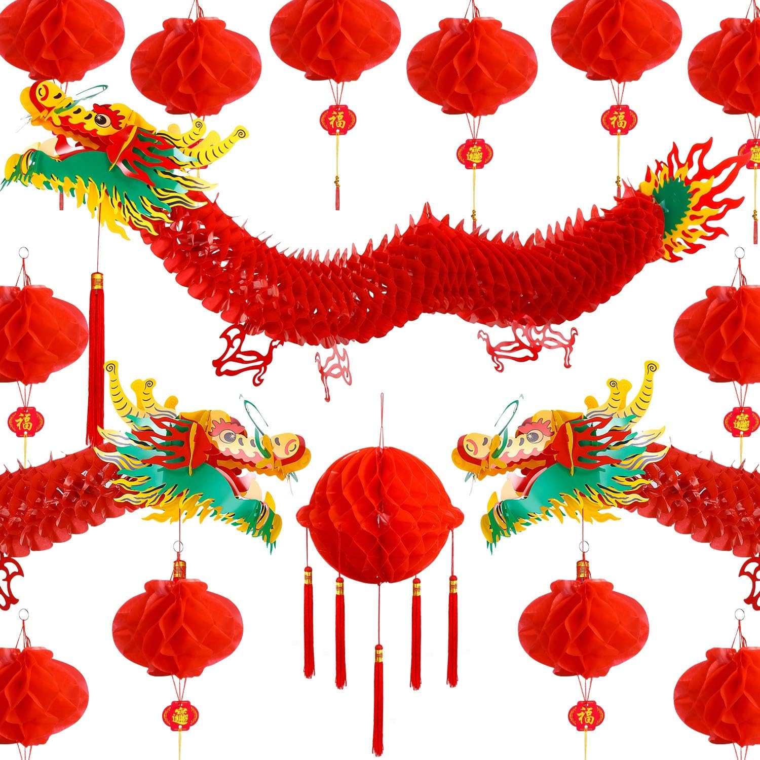 33 Pieces Chinese New Year 3D Paper Dragons with Dragon Decorative Ball ...