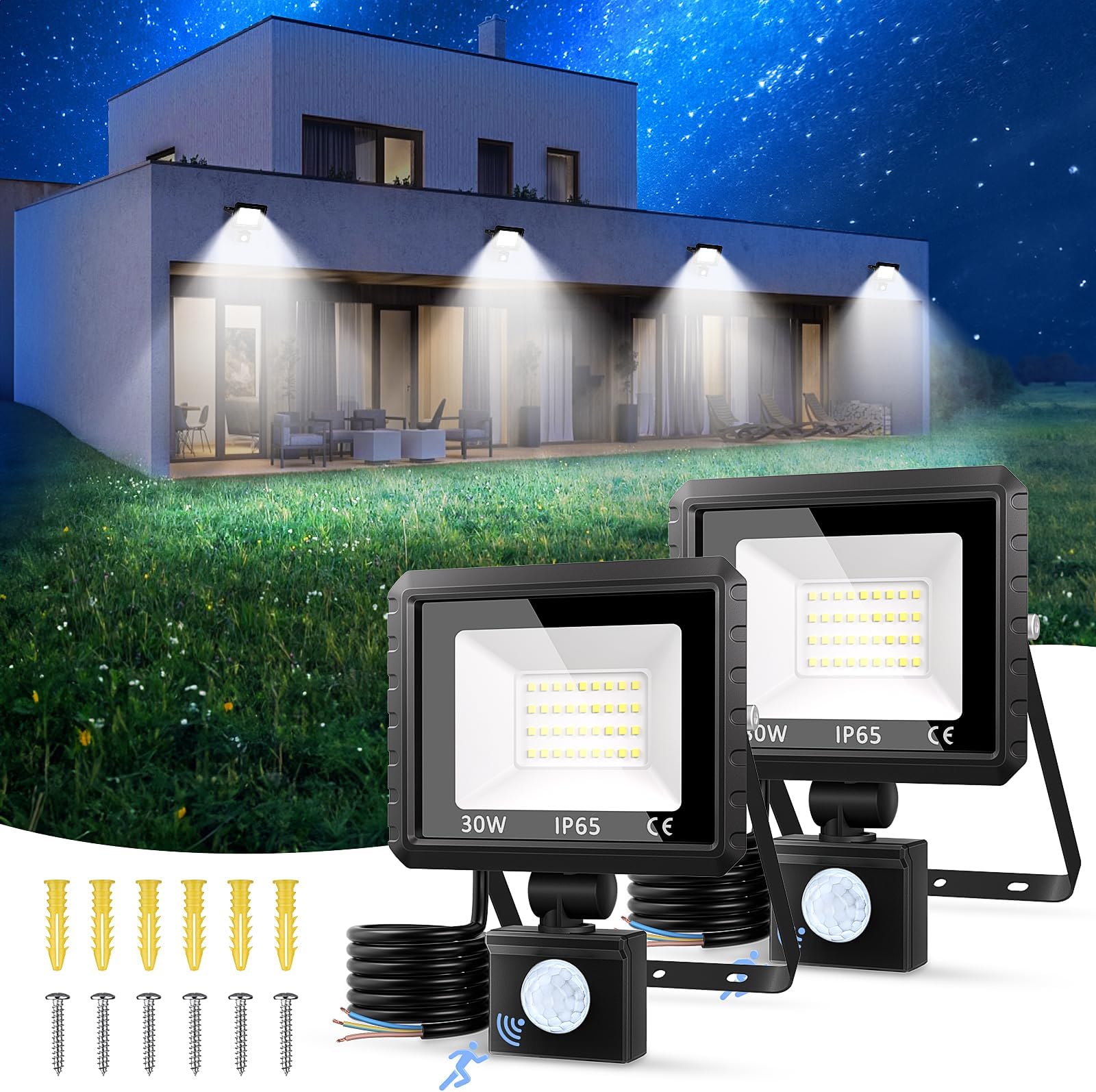Tailcas 30W LED Strahler mit Bewegungsmelder Außen, Superhell 2700LM ...