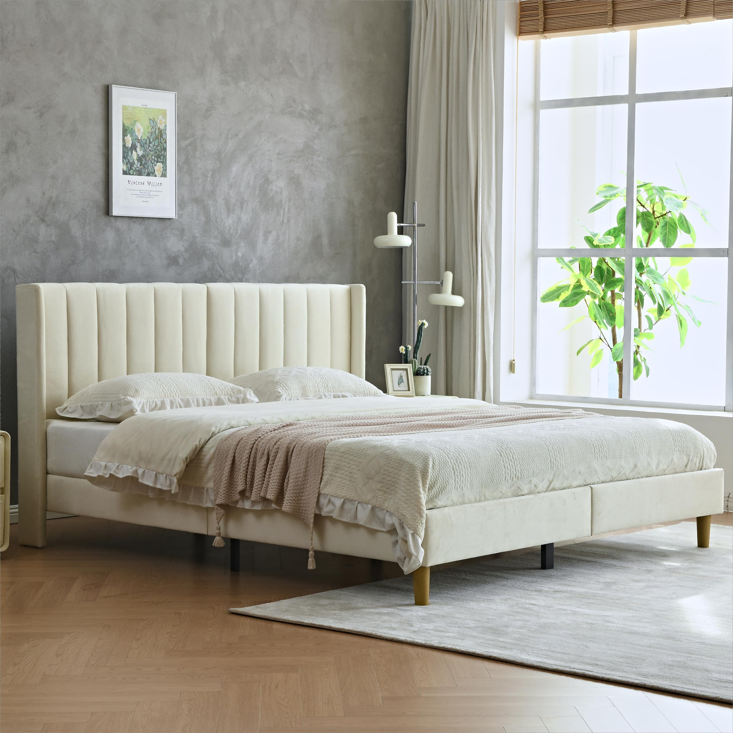 YUHUASHI upholstered Platform Bed Frame/King Bed Frame/Modern Geometric ...