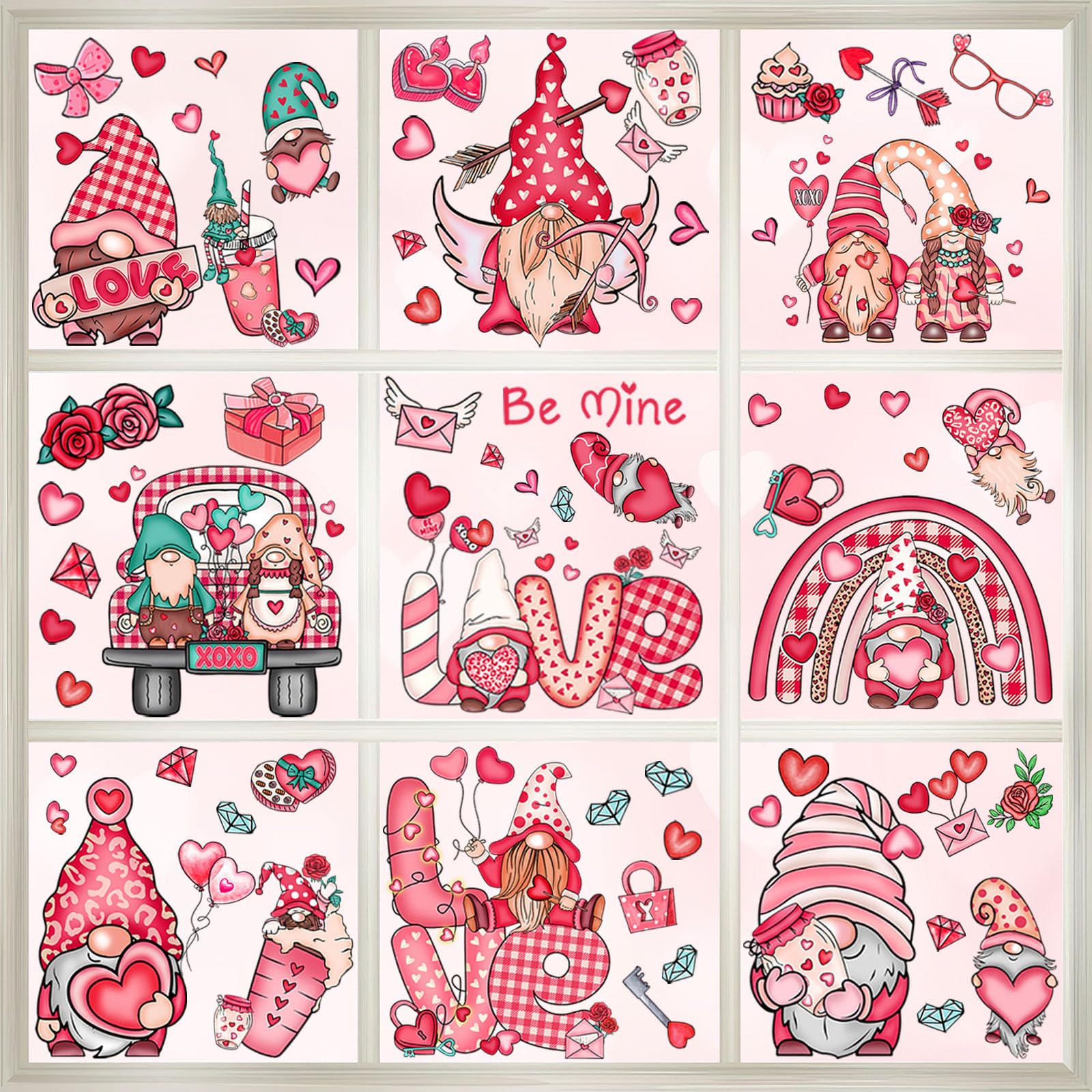 Amazon.com: JUNEBRUSHS 9 Sheets Valentine's Day Window Clings Gnomes ...