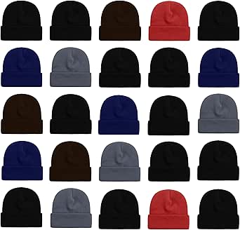 25 Pack Winter Beanie Hats, Unisex Thermal Toboggan Cold Weather Cuffed ...