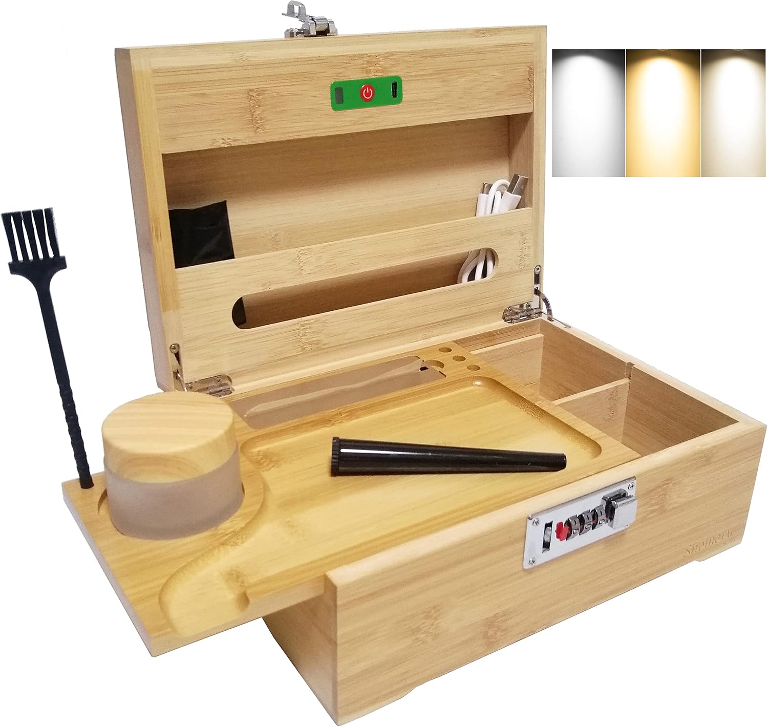 Shomory Wooden LED Stash Box with Rolling Tray Bundle, Locking Bamboo ...