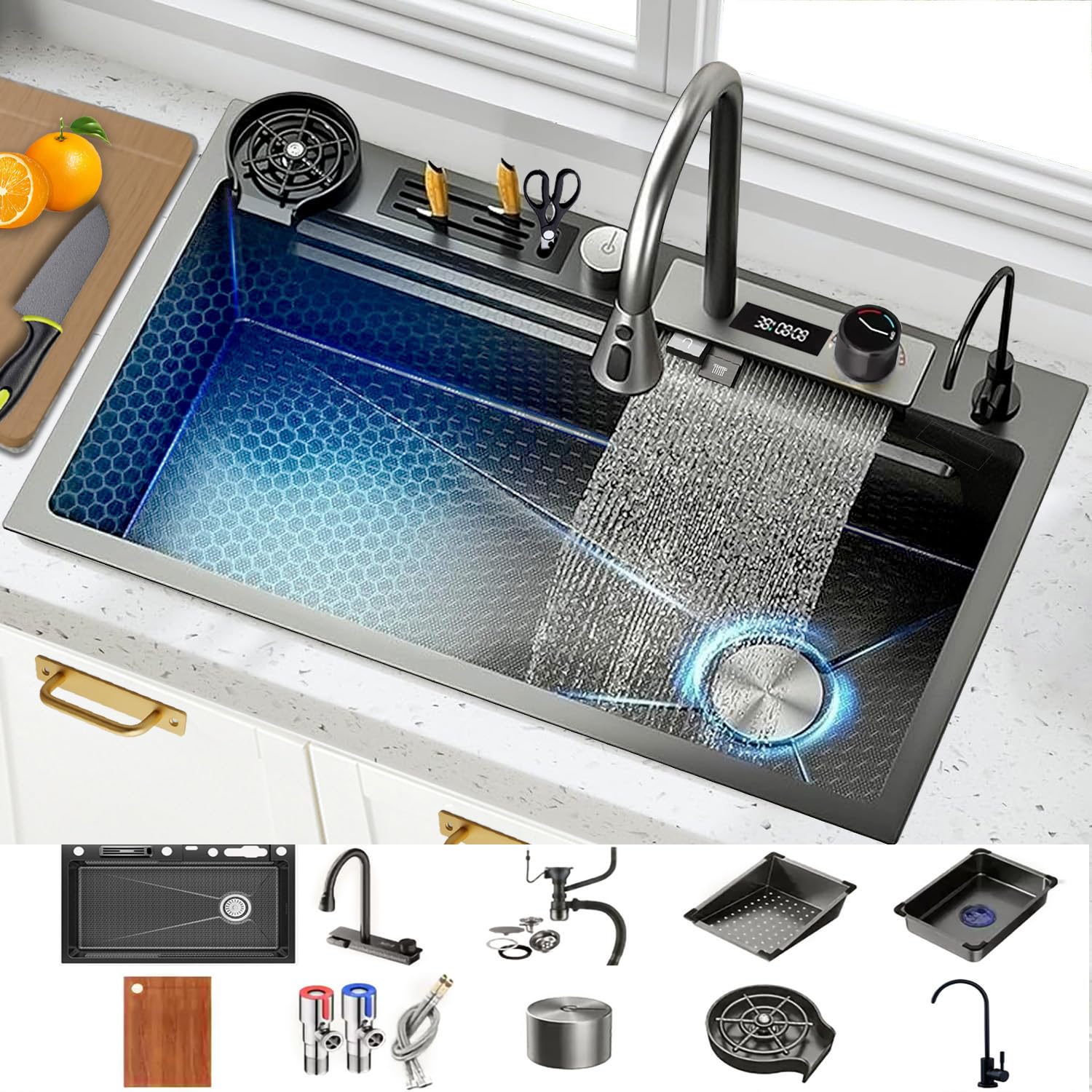 Kitchen Sink, Waterfall Sinks Drop In Workstation with Cup Washer, 31.5 ...