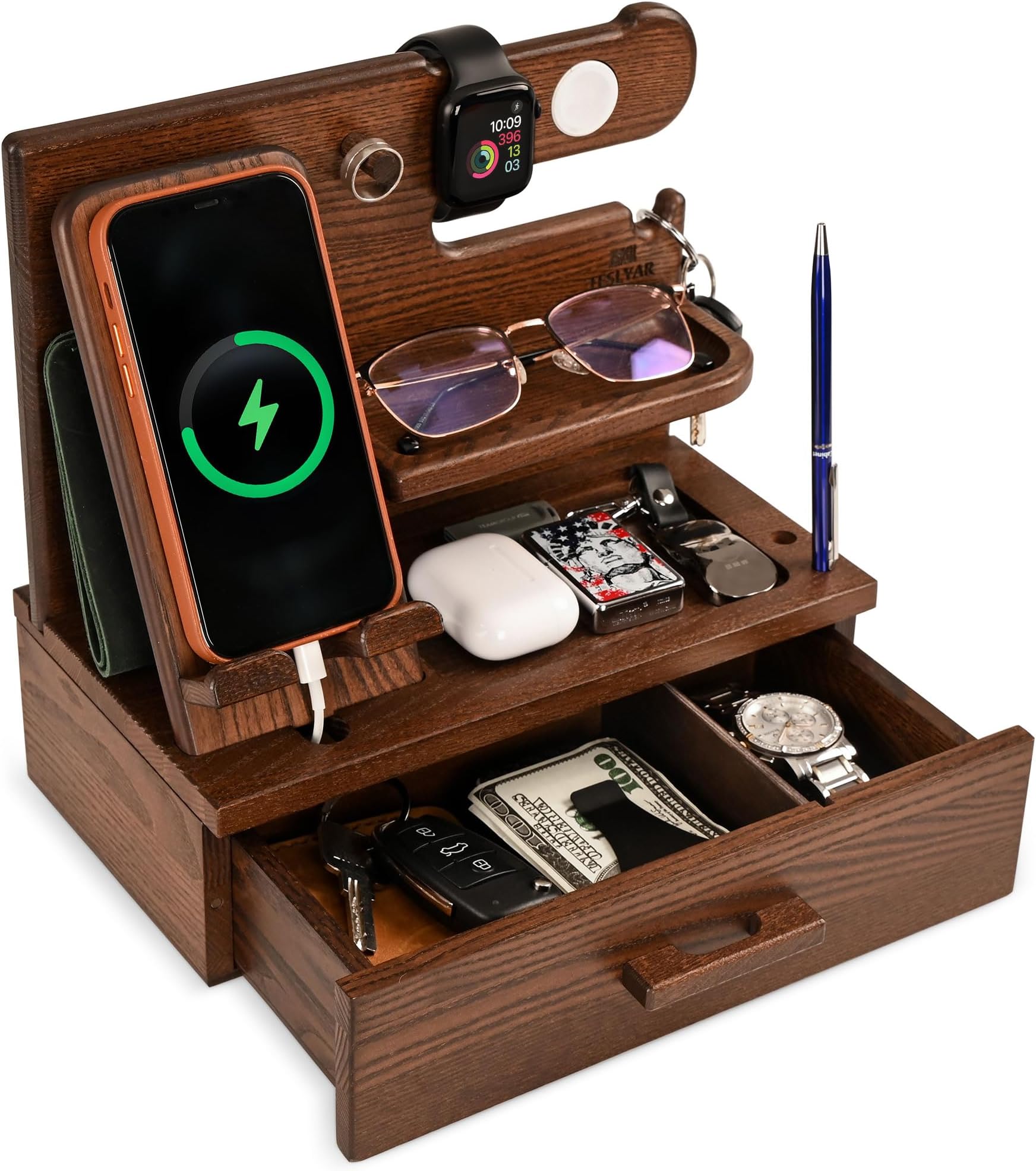 Amazon.com: TESLYAR Wood Phone Docking Station with Drawer - Nightstand ...