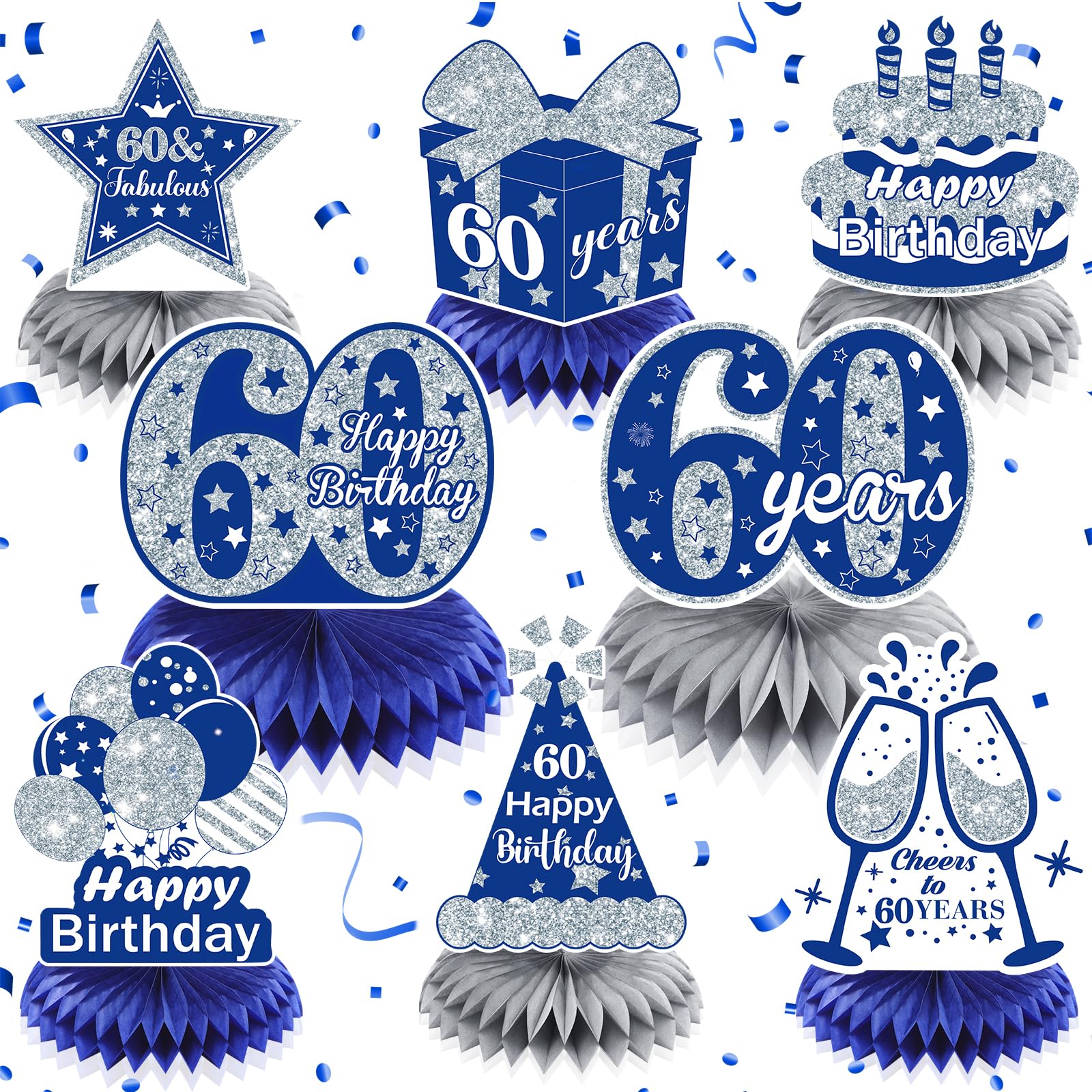 8Pcs Blue 60th Birthday Decorations Navy Blue Silver Happy 60th ...