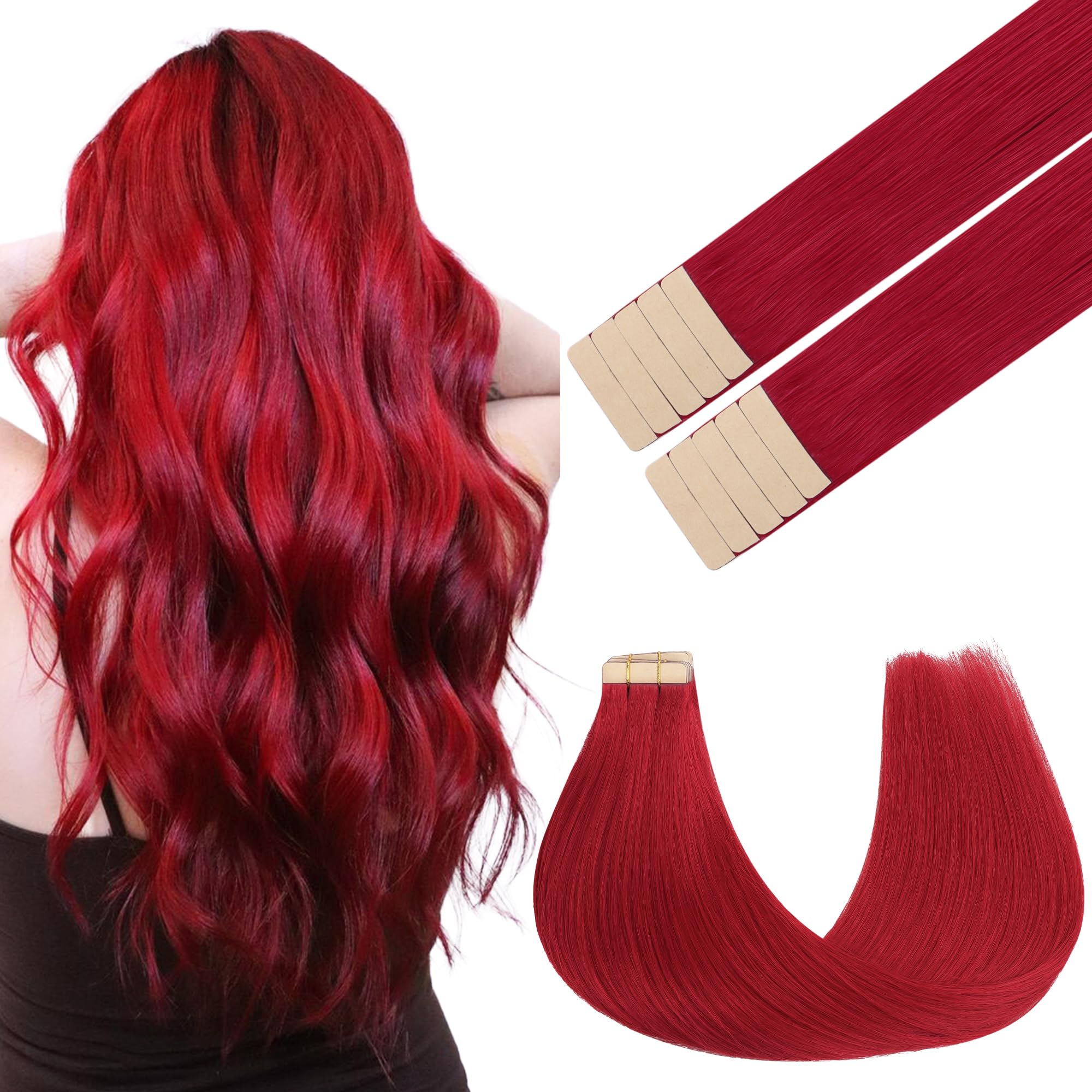 Amazon.com : GOO GOO Tape in Hair Extensions Human Hair, Red, 20inch ...
