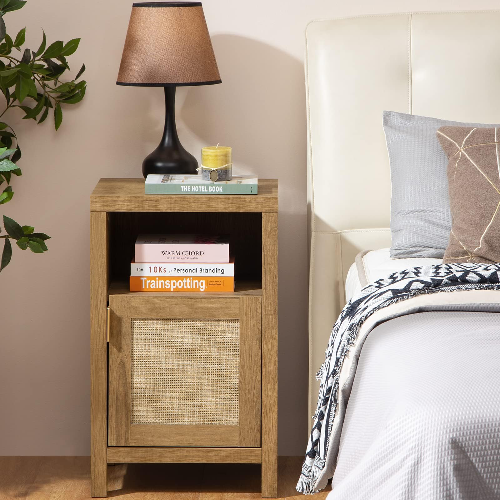 Amazon.com: Farmhouse Nightstand with Rattan Decorated Door - Bedroom ...
