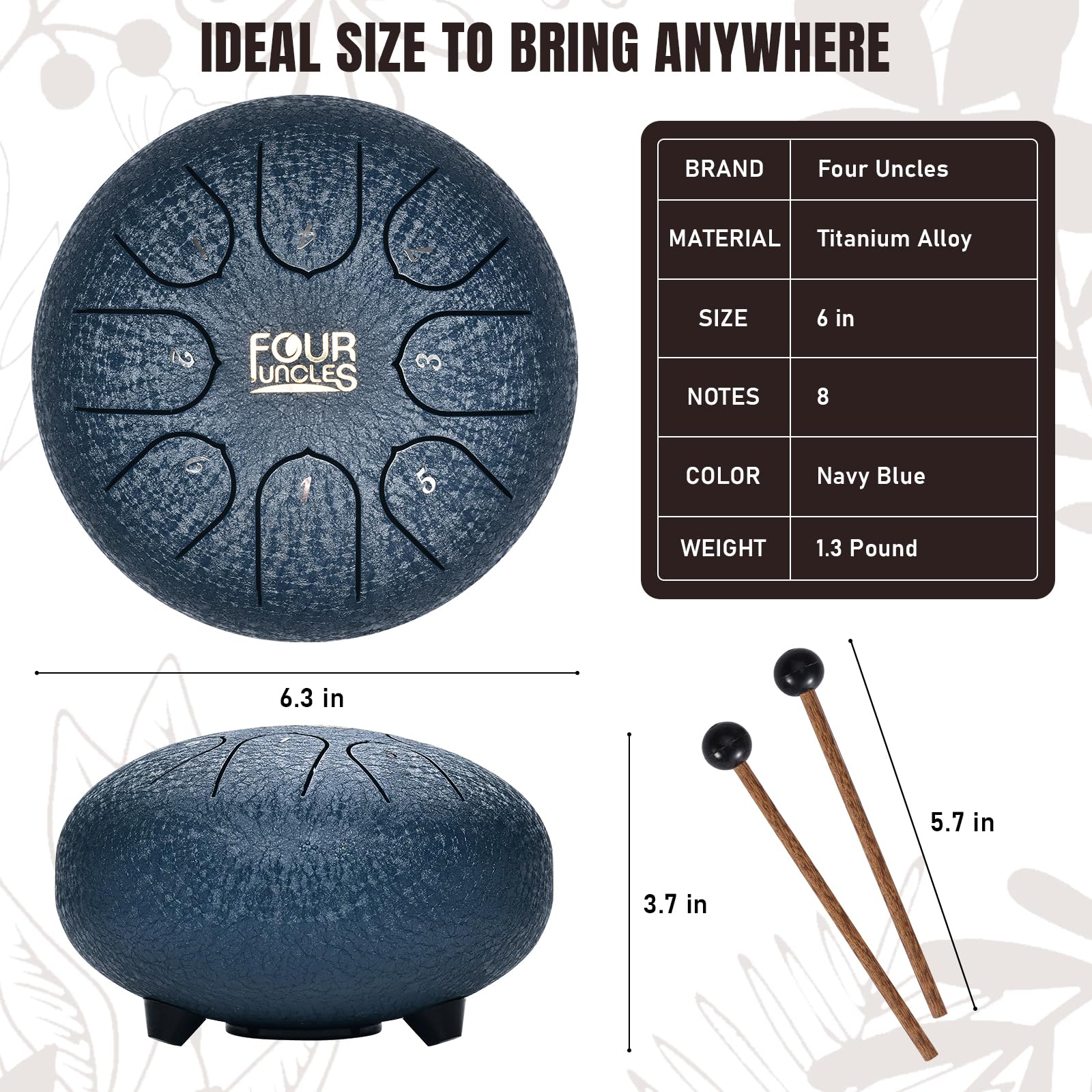 FOUR UNCLES Steel Tongue Drum 6 Inch 8 Notes Hand Pan Drums with Travel ...