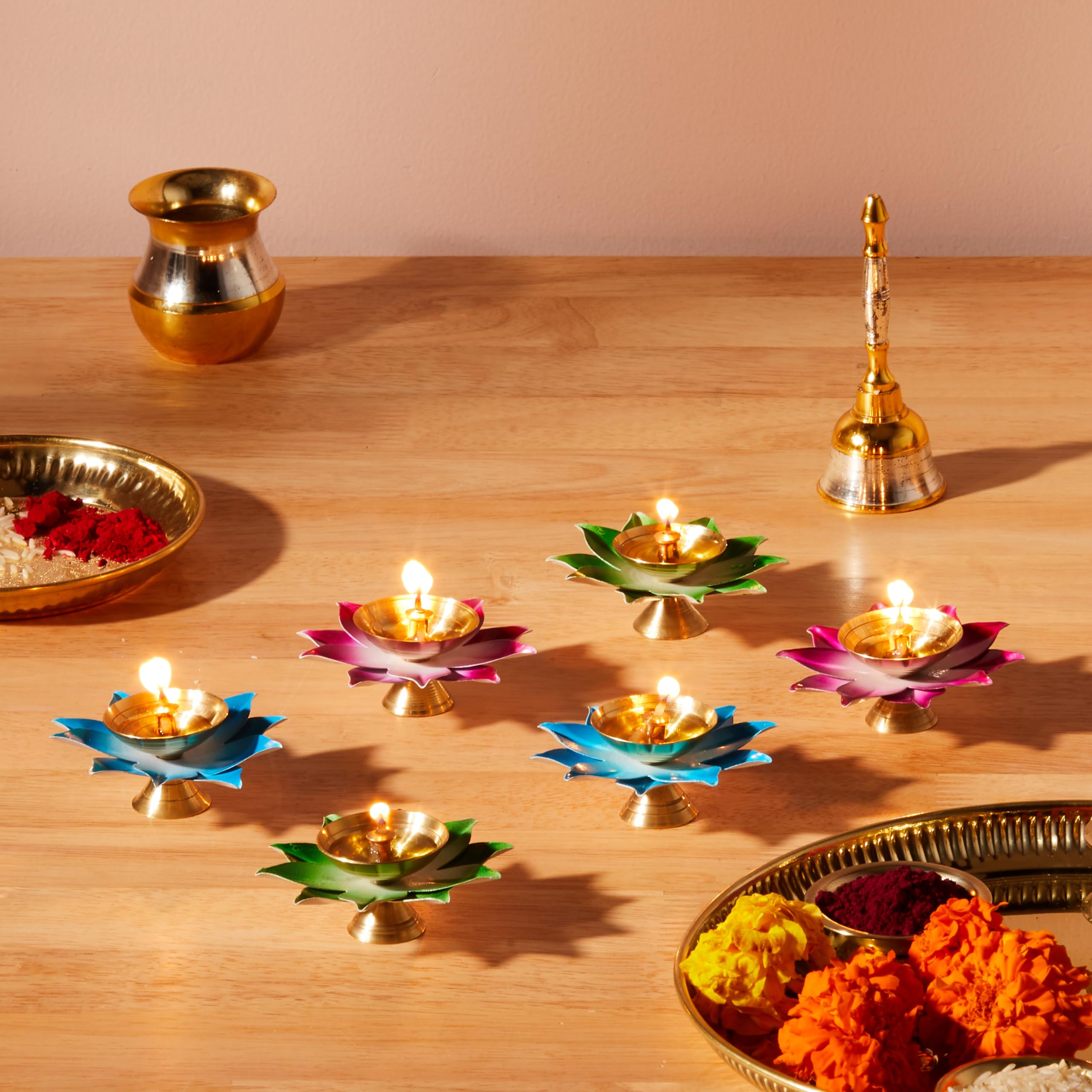 Amazon Brand - Solimo Brass/Iron Jyot with Leaves | Multicolored (Set ...