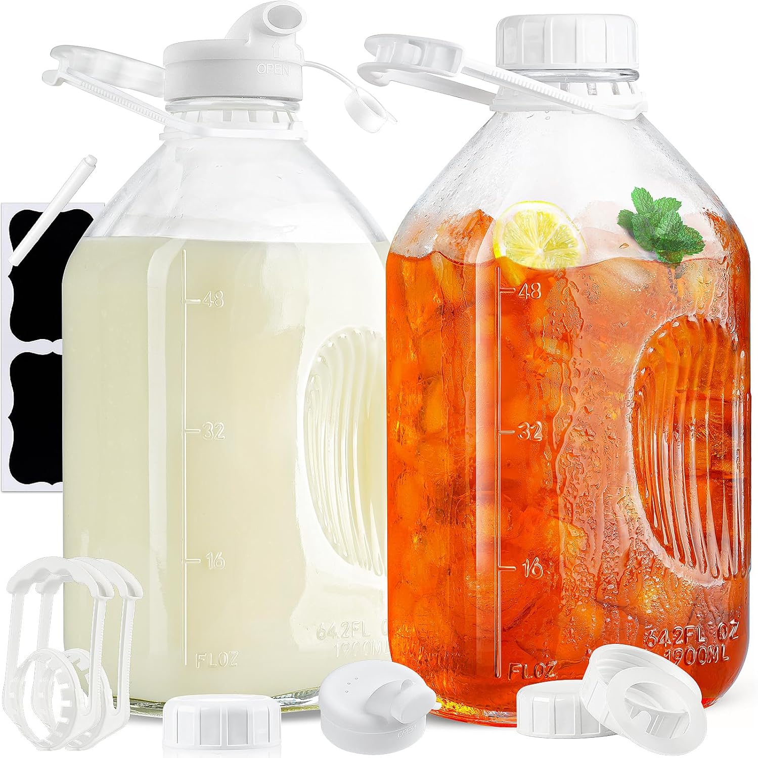 Absovetu 2 Pack Glass Milk Storage Bottles with Lids Airtight 1.9L/64oz ...