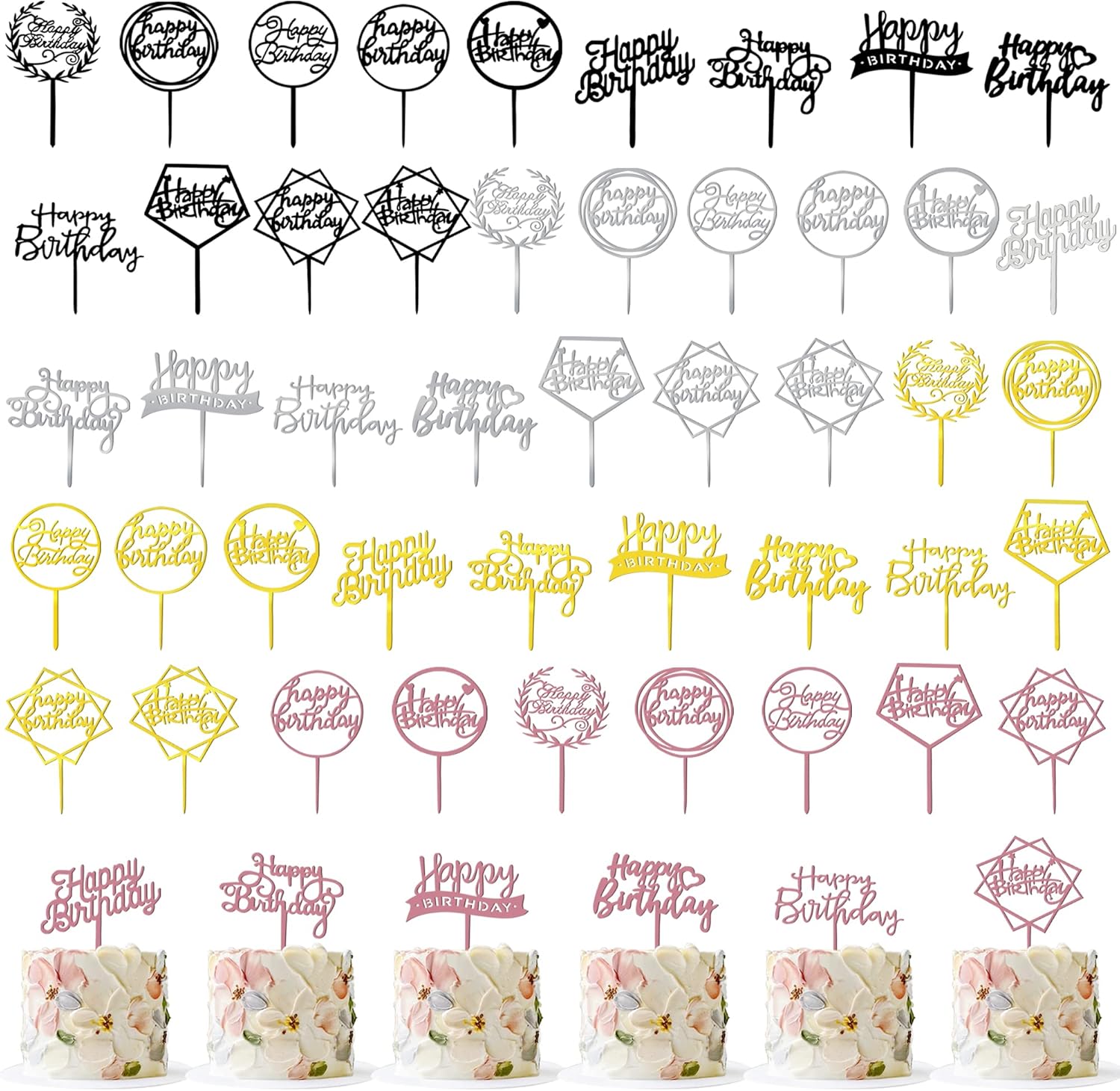 Amazon.com: 52 PCS Happy Birthday Cake Topper Acrylic Birthday Cupcake ...