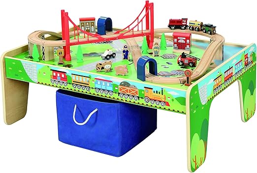 Amazon.com: 50 Piece Wooden Train Set with Activity Table & Storage Bin ...