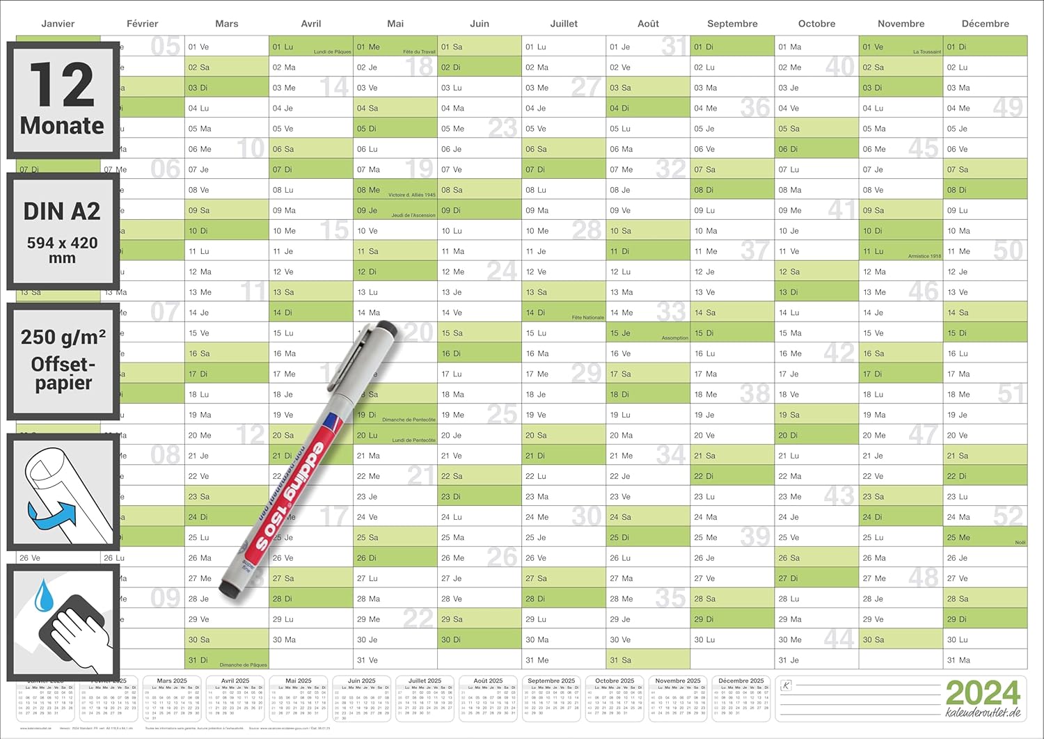 Kalenderoutlet ® Din A2 1 Agenda mural effaçable Calendrier mural ...