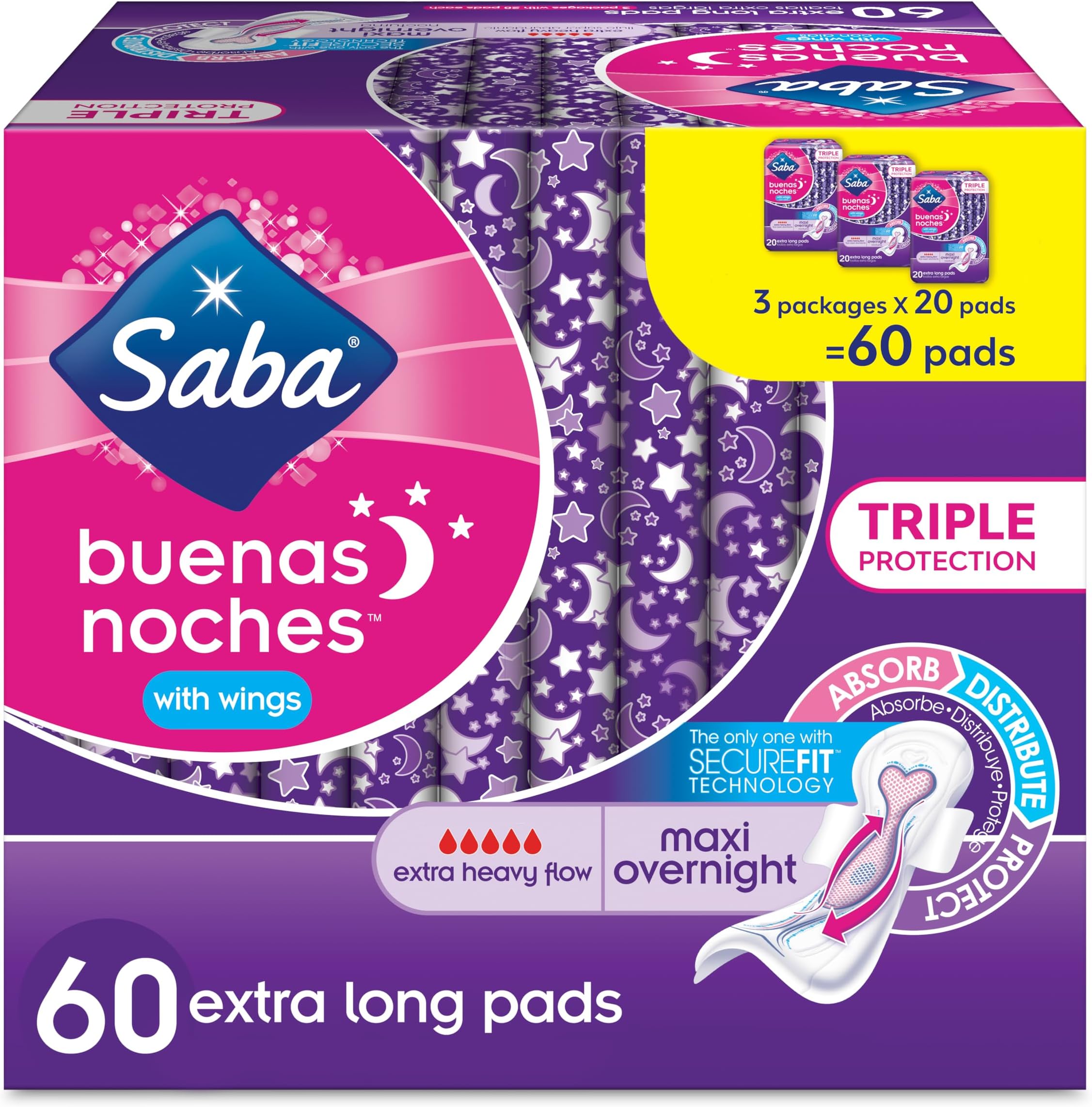 Amazon.com: Saba Buenas Noches Maxi Pads Overnight with Wings for Super ...