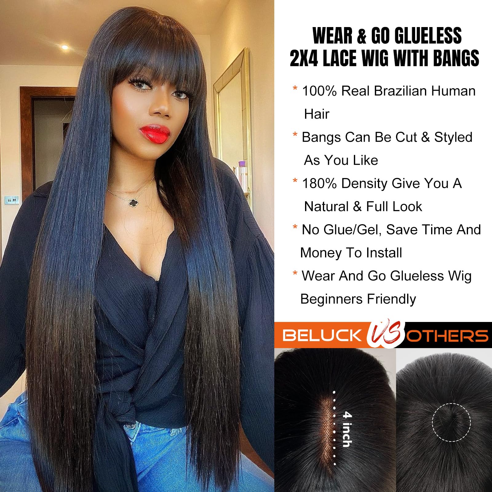 Straight Glueless Human Hair Wig With Bangs, 2×4 Lace Front Wigs Human ...